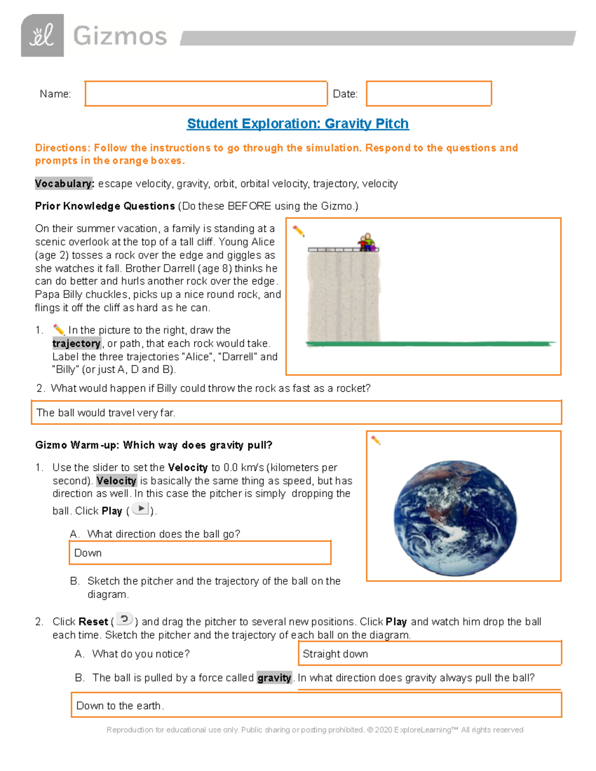 Gizmos Student Exploration: Gravity Pitch - Name: Date: Student ...