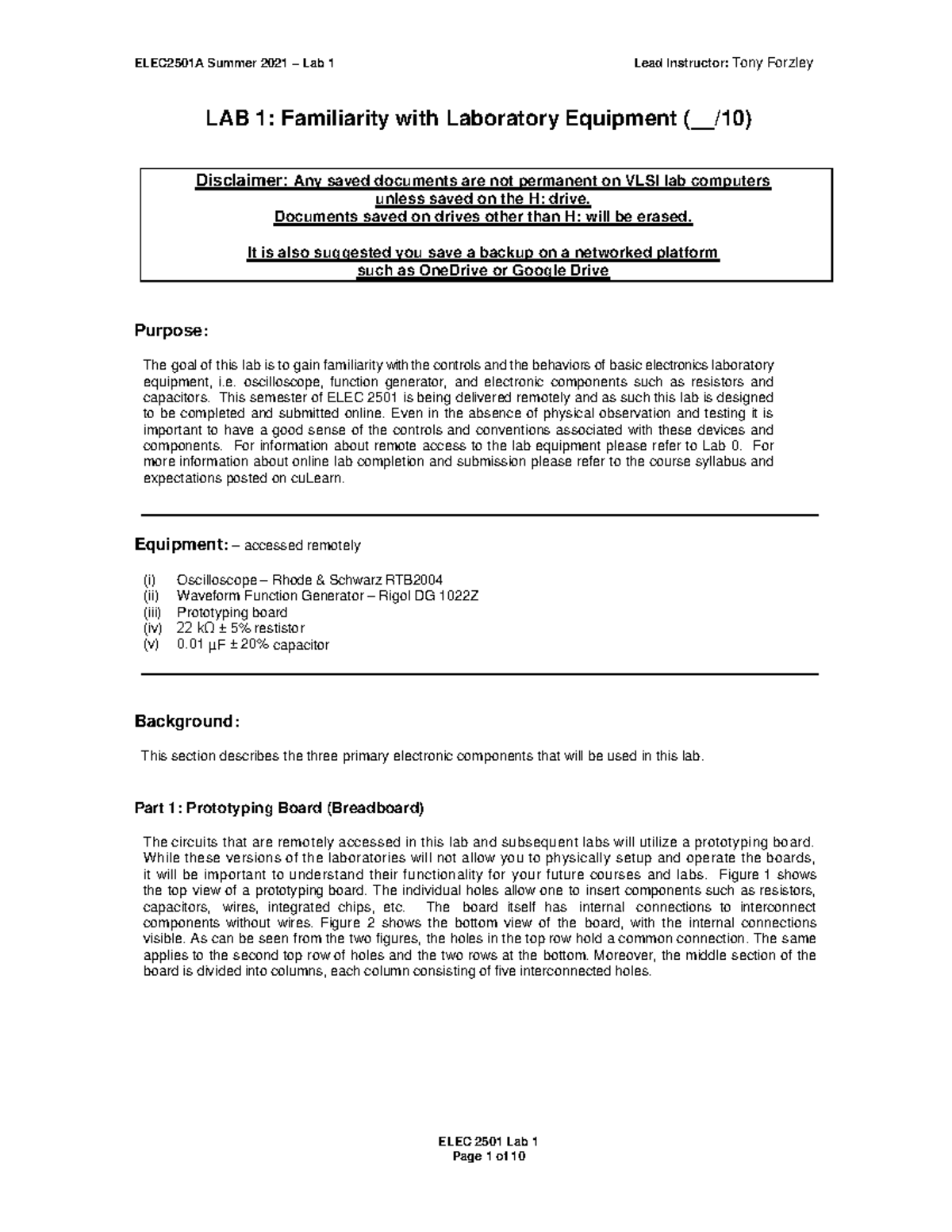 ELEC2501 2021 Lab 1 - Lab 1 outline - ELEC 2501 Lab 1 Connor Kupchak LAB 1: Familiarity with ...