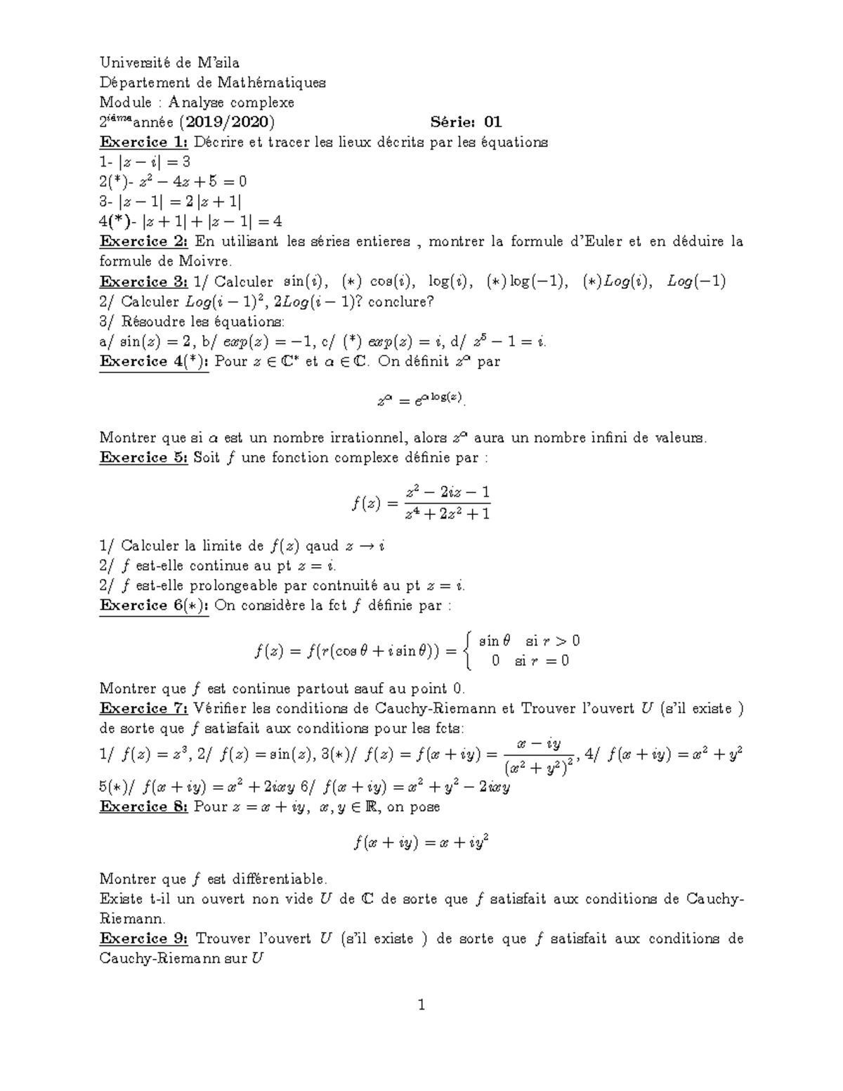Serie 1+correction Module : Analyse complexe - UniversitÈ de Mísila ...