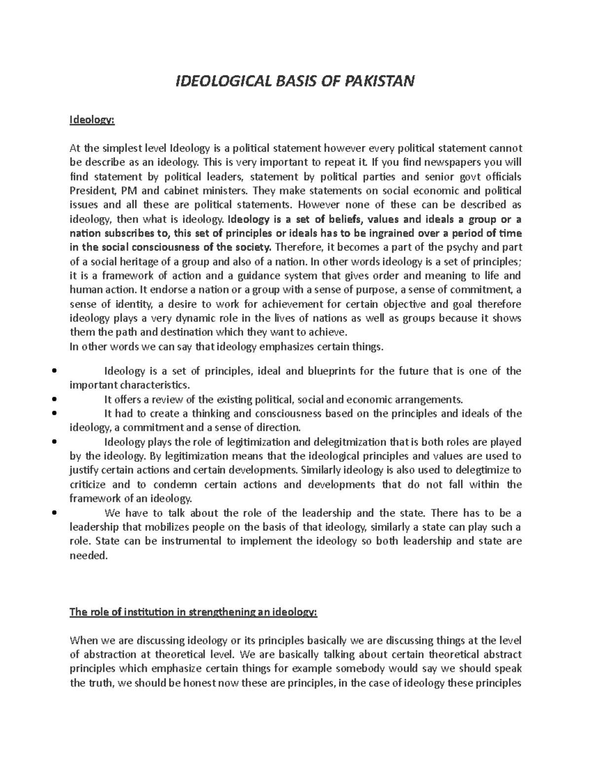 Notes on Ideology of Pakistan - IDEOLOGICAL BASIS OF PAKISTAN Ideology ...