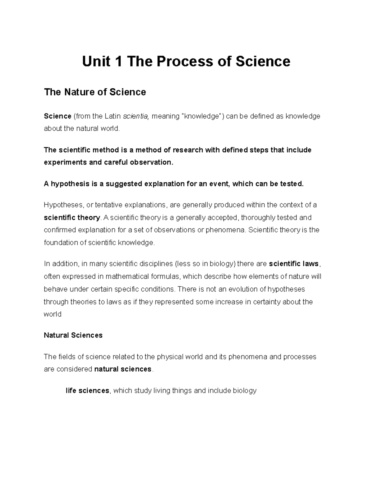 BIO 1 The Process of Science - Unit 1 The Process of Science The Nature ...