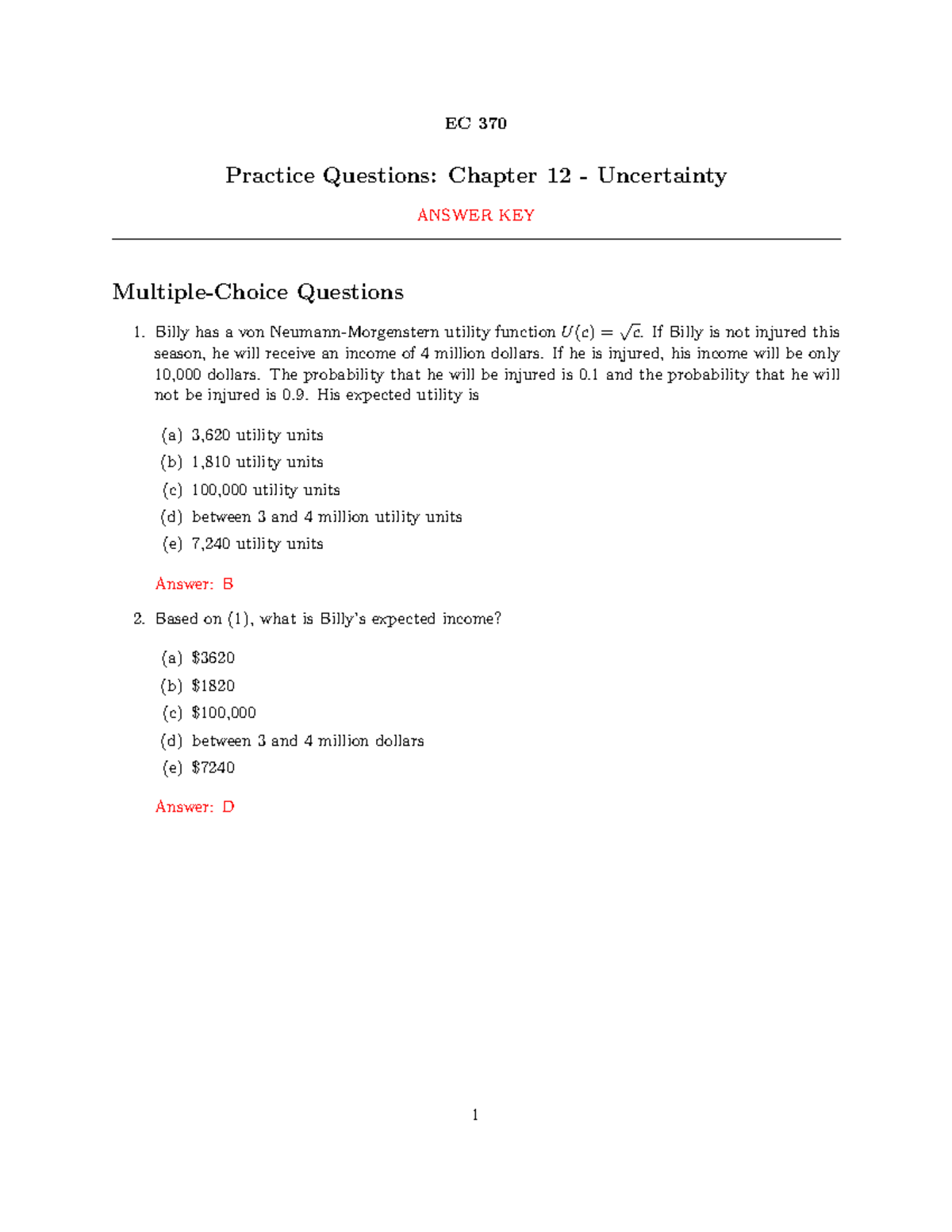 EC370 PQ Ch12 Uncertainty Answer - EC 370 Practice Questions: Chapter ...
