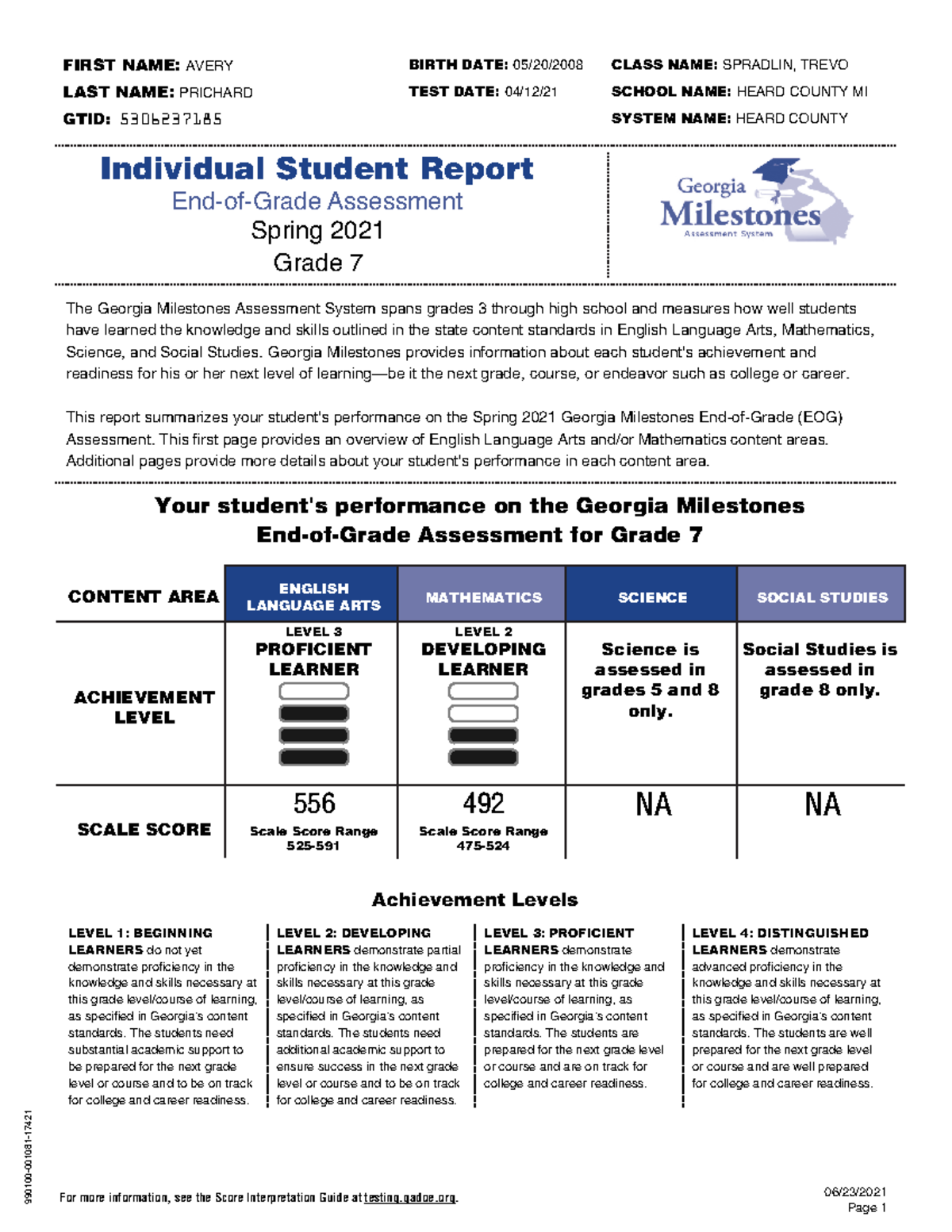 Prichard-Avery 2021 Spring EOG ISR - Individual Student Report End-of ...