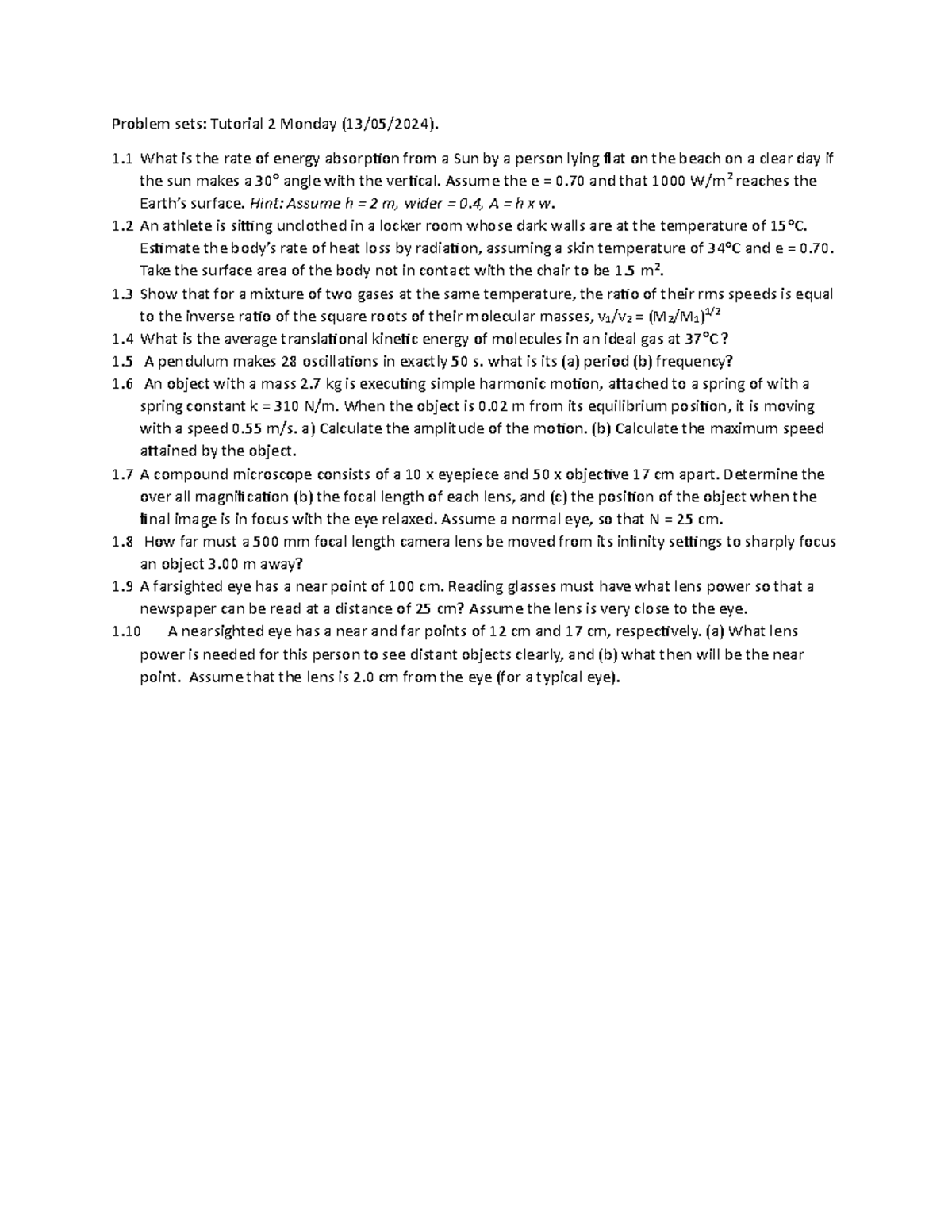 Extra-class problem set - Problem sets: Tutorial 2 Monday (13/05/2024). 1 What is the rate of ...