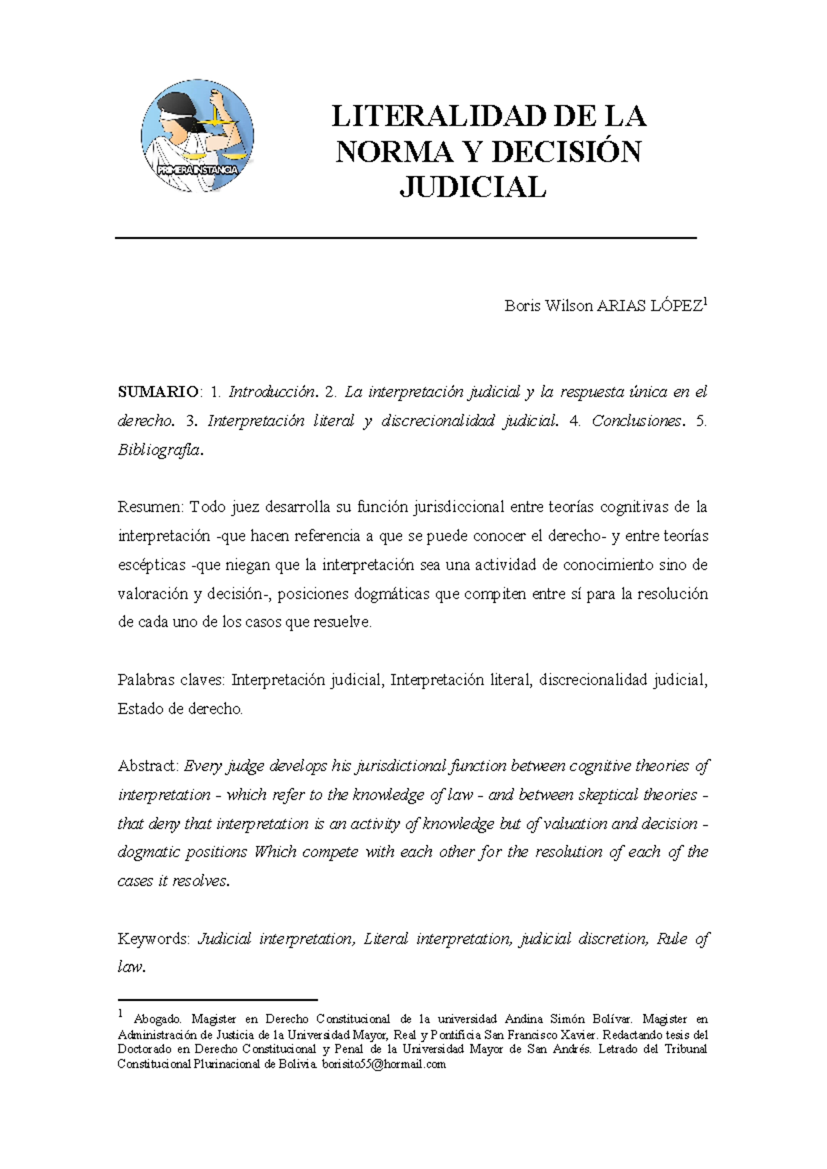 Literalidad DE LA Norma Y Decisión Judicial Boris Wilson Arias López ...