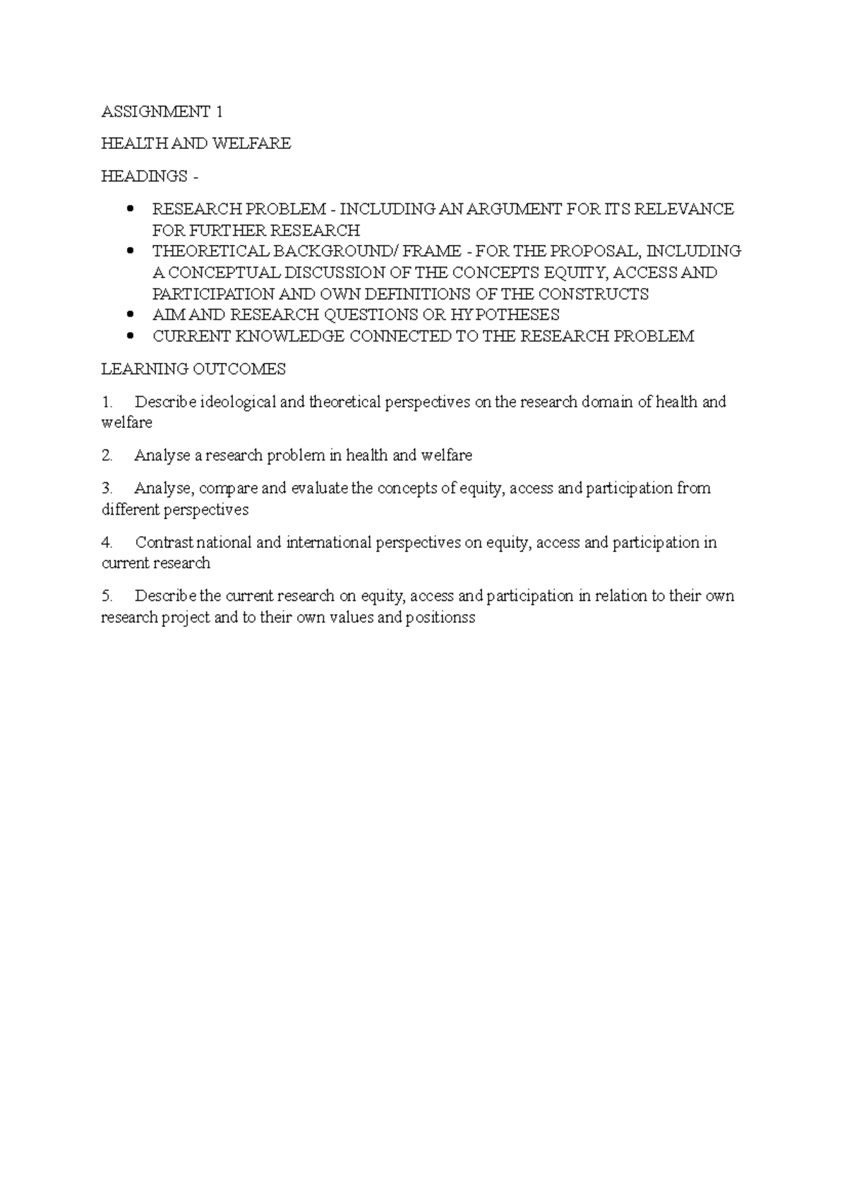 Assignment 1 health and welfare - ASSIGNMENT 1 HEALTH AND WELFARE ...