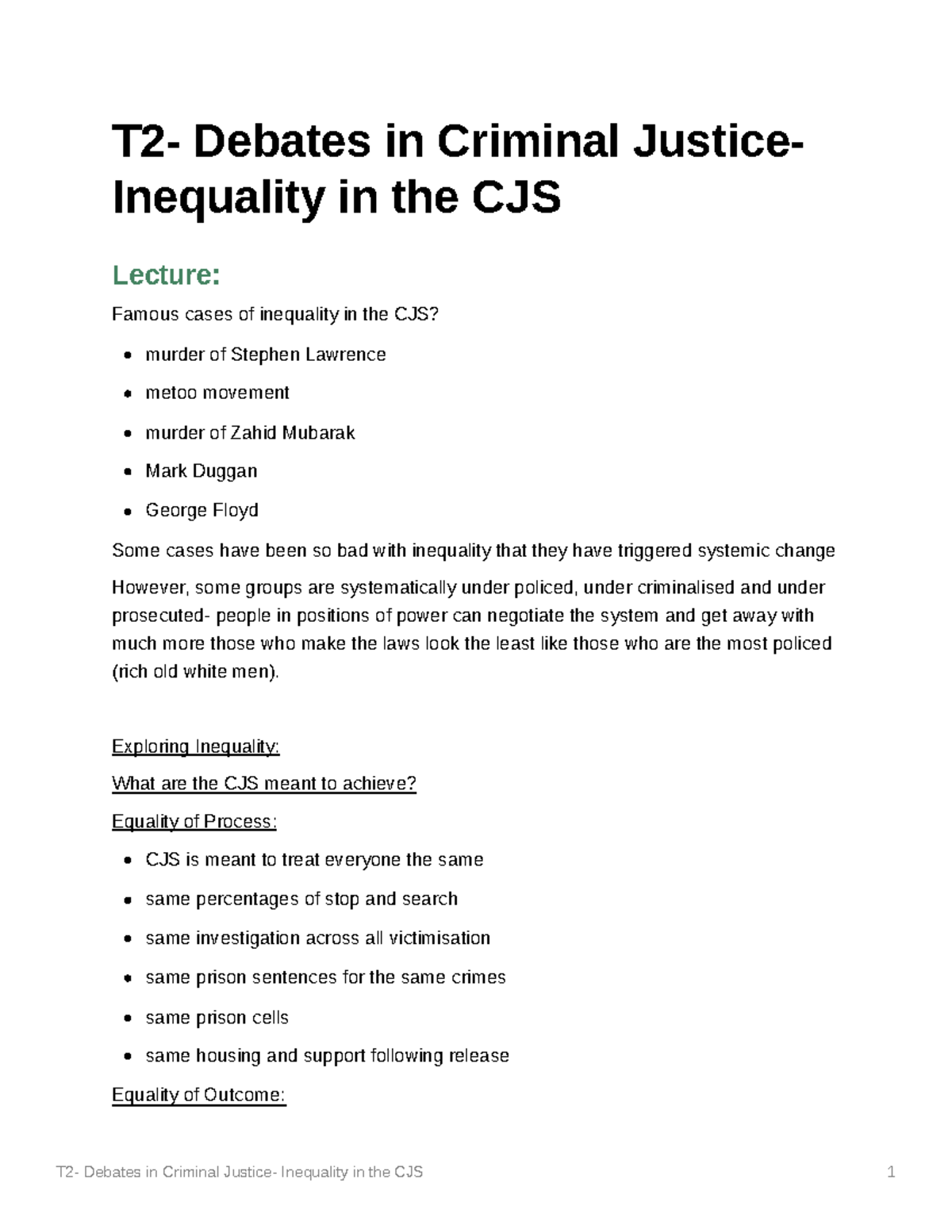 Inequality in the CJS- Week 2 - T2- Debates in Criminal Justice ...