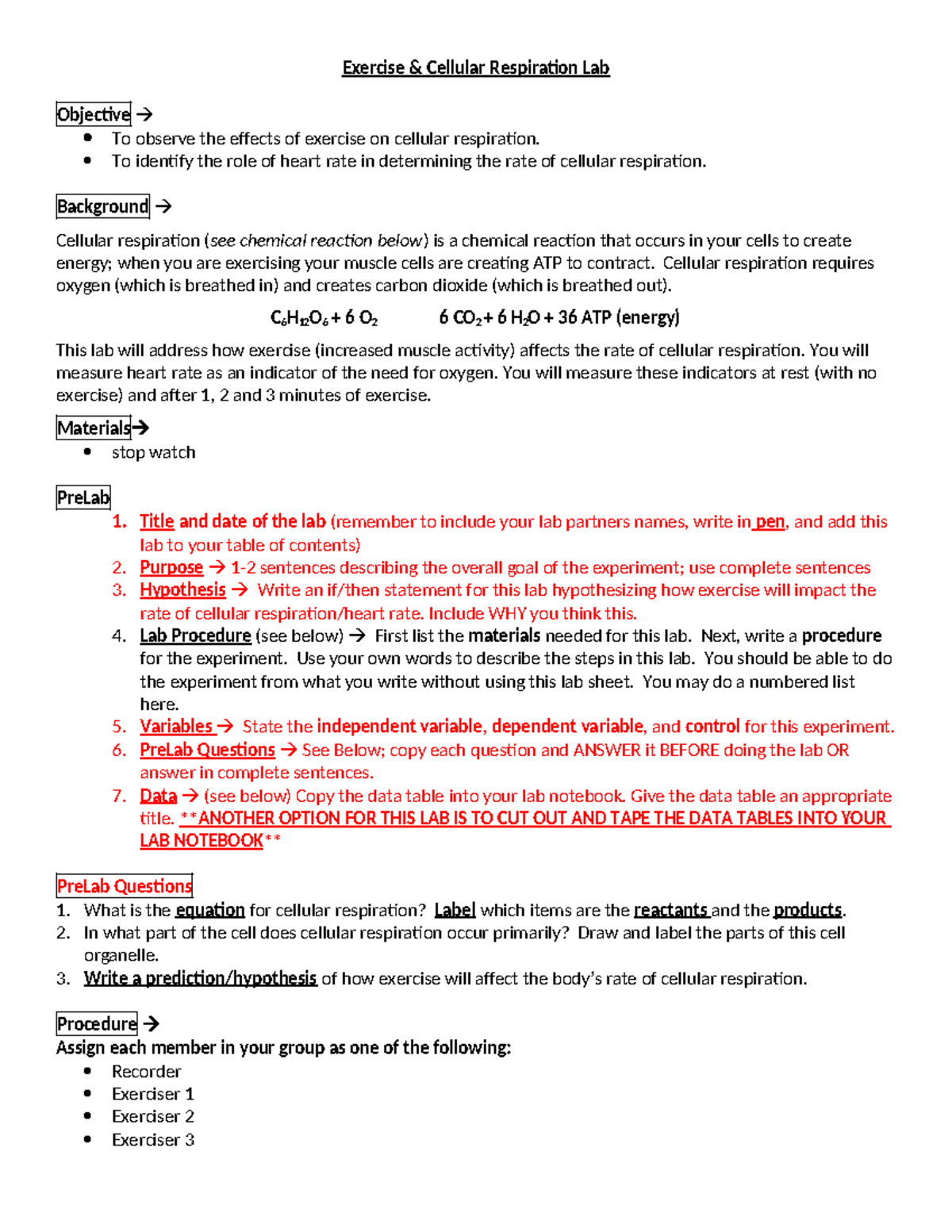 Exercise Mini Lab - LAB FOR CELLULAR RESPIRATION - Exercise & Cellular ...