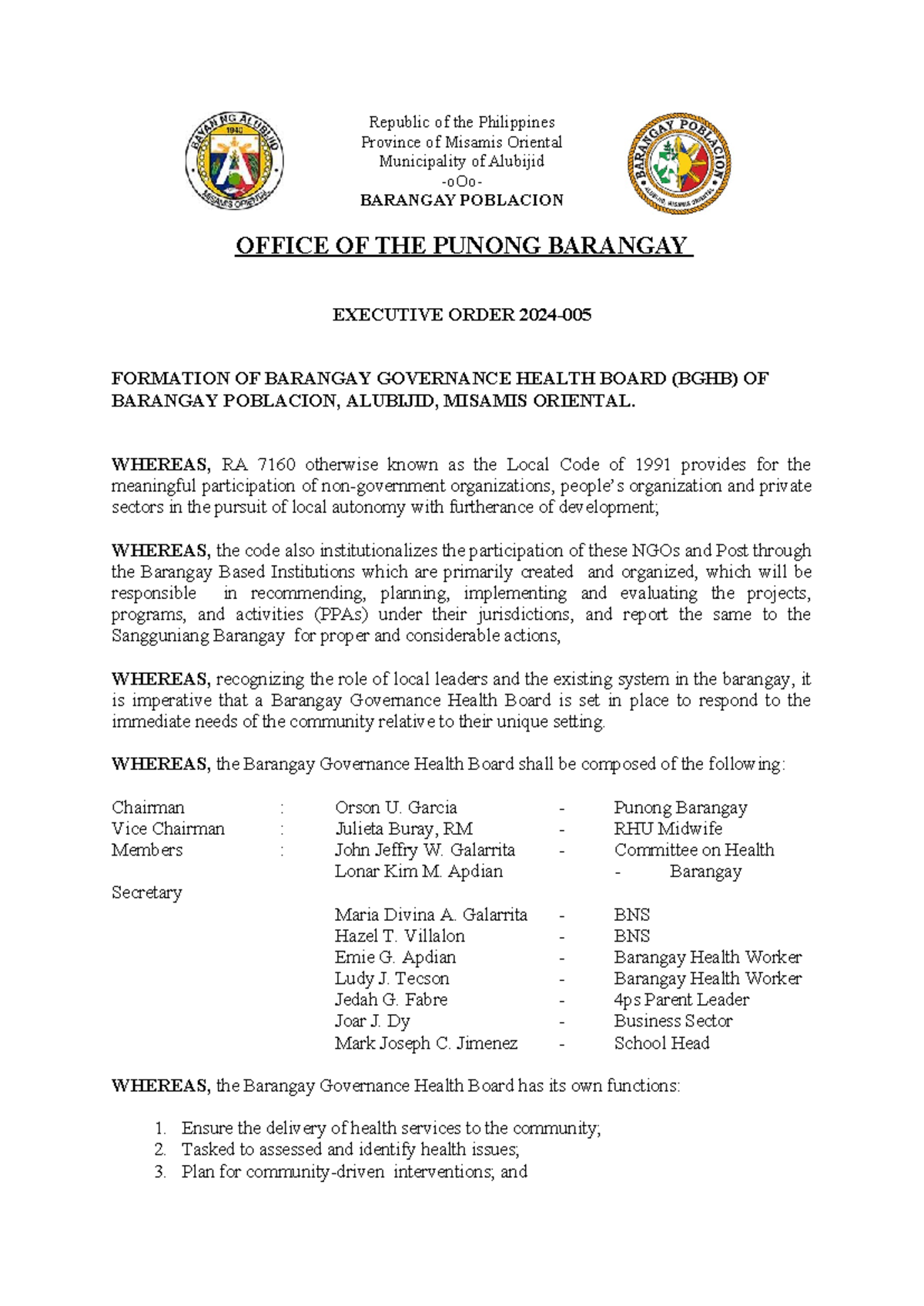 Barangay Health Board - RESEARCH - Republic of the Philippines Province ...