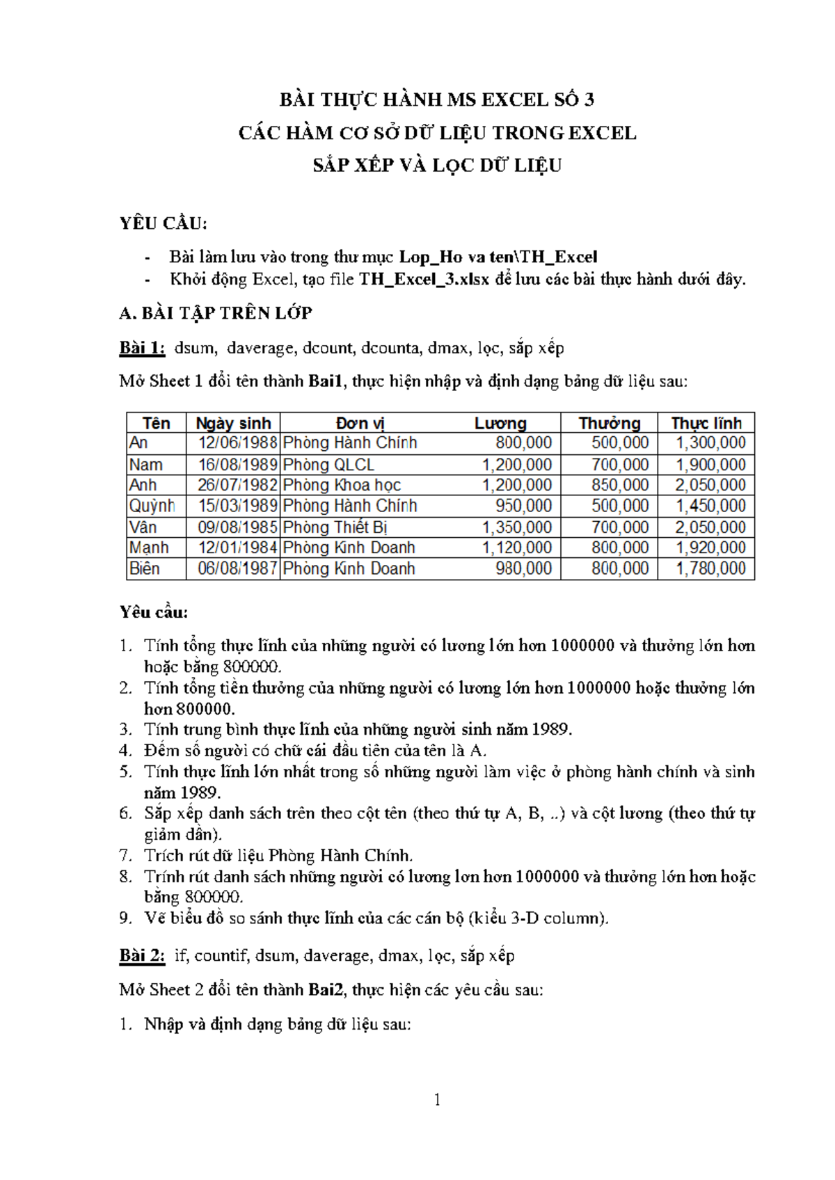 5 TH Excel 3 - 1 BÀI THỰC HÀNH MS EXCEL SỐ 3 CÁC HÀM CƠ SỞ DỮ LIỆU TRONG EXCEL SẮP XẾP VÀ LỌC DỮ ...