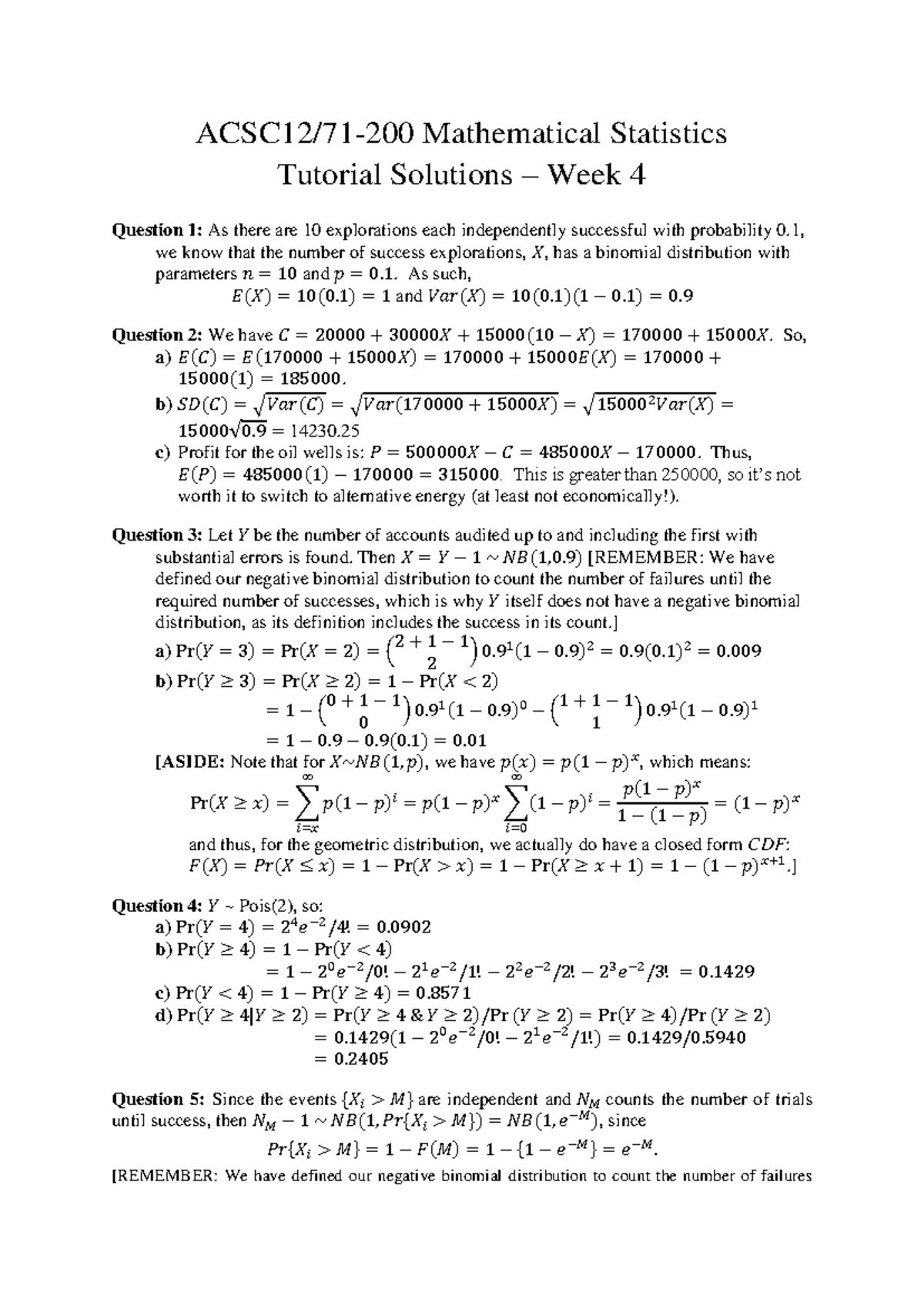 ACSC12-71-200 Tutorial-4-Solutions - ACSC12/71-200 Mathematical Statistics Tutorial Solutions ...