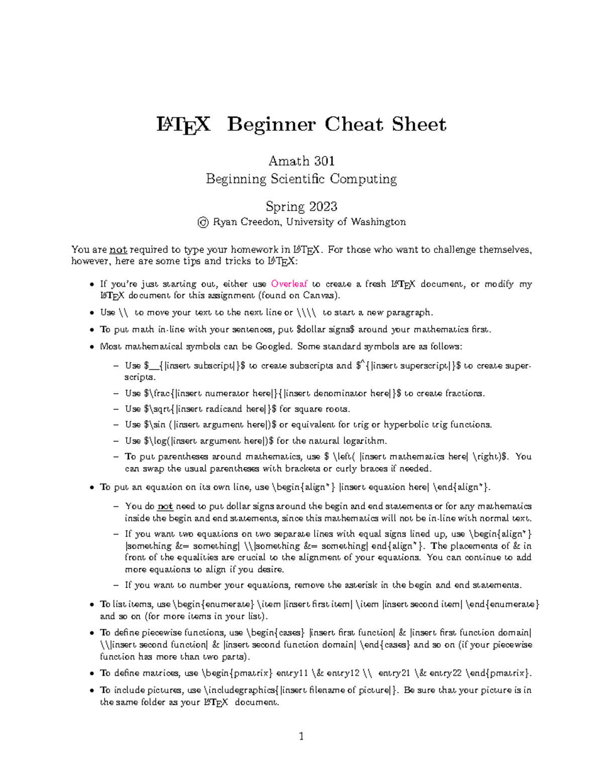 La Te X Beginner Cheat Sheet - LATEX Beginner Cheat Sheet Amath 301 ...