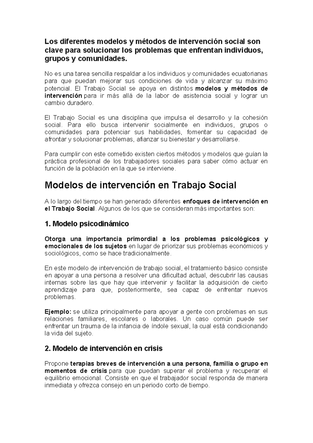 Los diferentes modelos metodos de intervencion - Los diferentes modelos ...