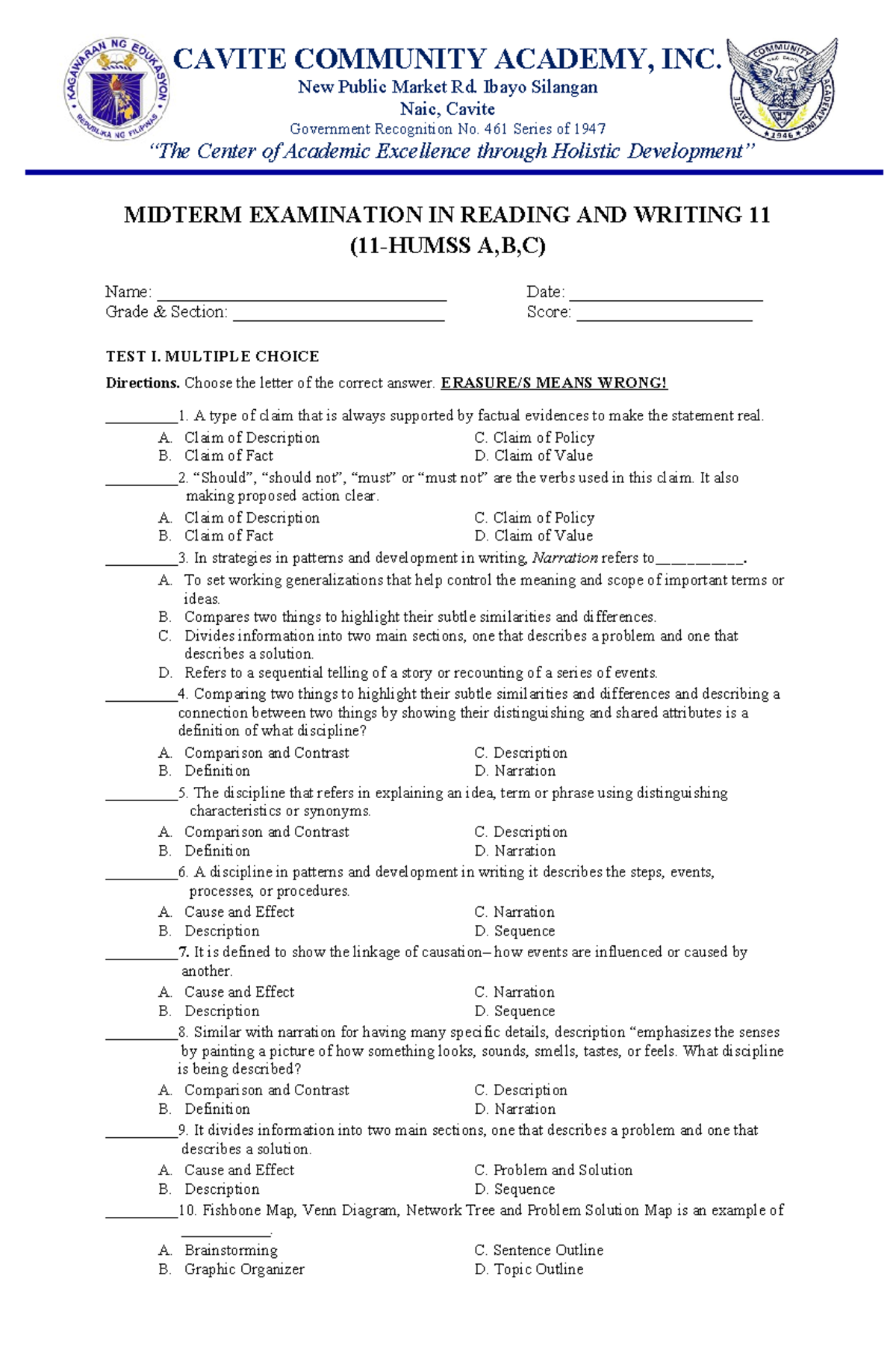 RNW Midterm - PDF - CAVITE COMMUNITY ACADEMY, INC. New Public Market Rd. Ibayo Silangan Naic ...