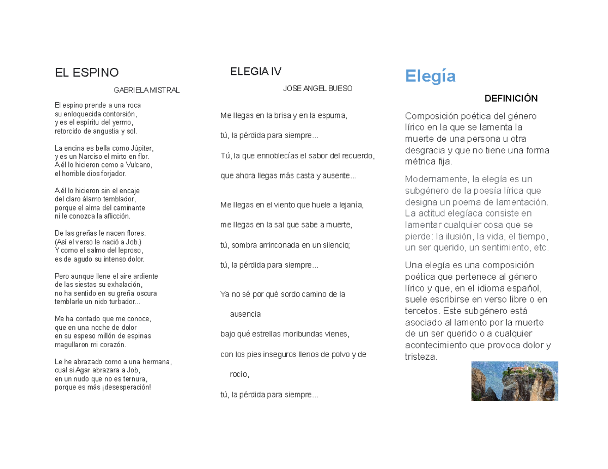 Elegias 1 FORMAS LIRICAS DE LA ELEGIA - EL ESPINO ####### GABRIELA ...