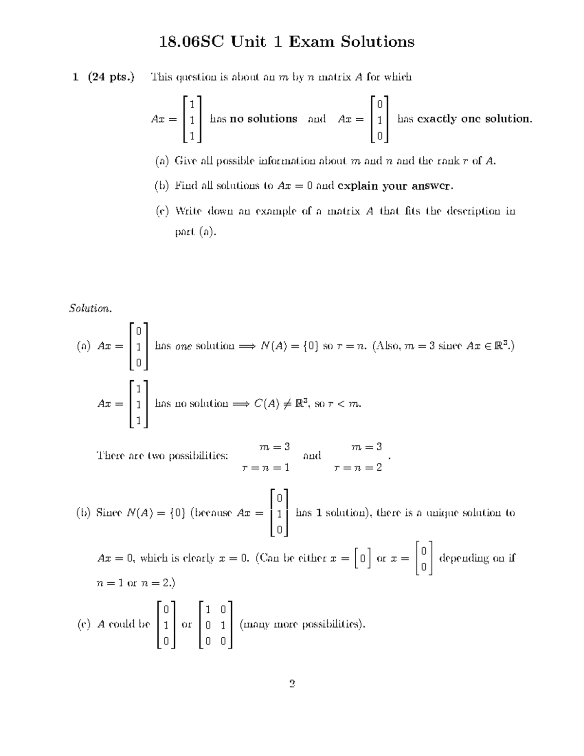 MIT18 06SCF11 ex1s - Exam 1 Solutions - ② ☛ ☛ - Studocu