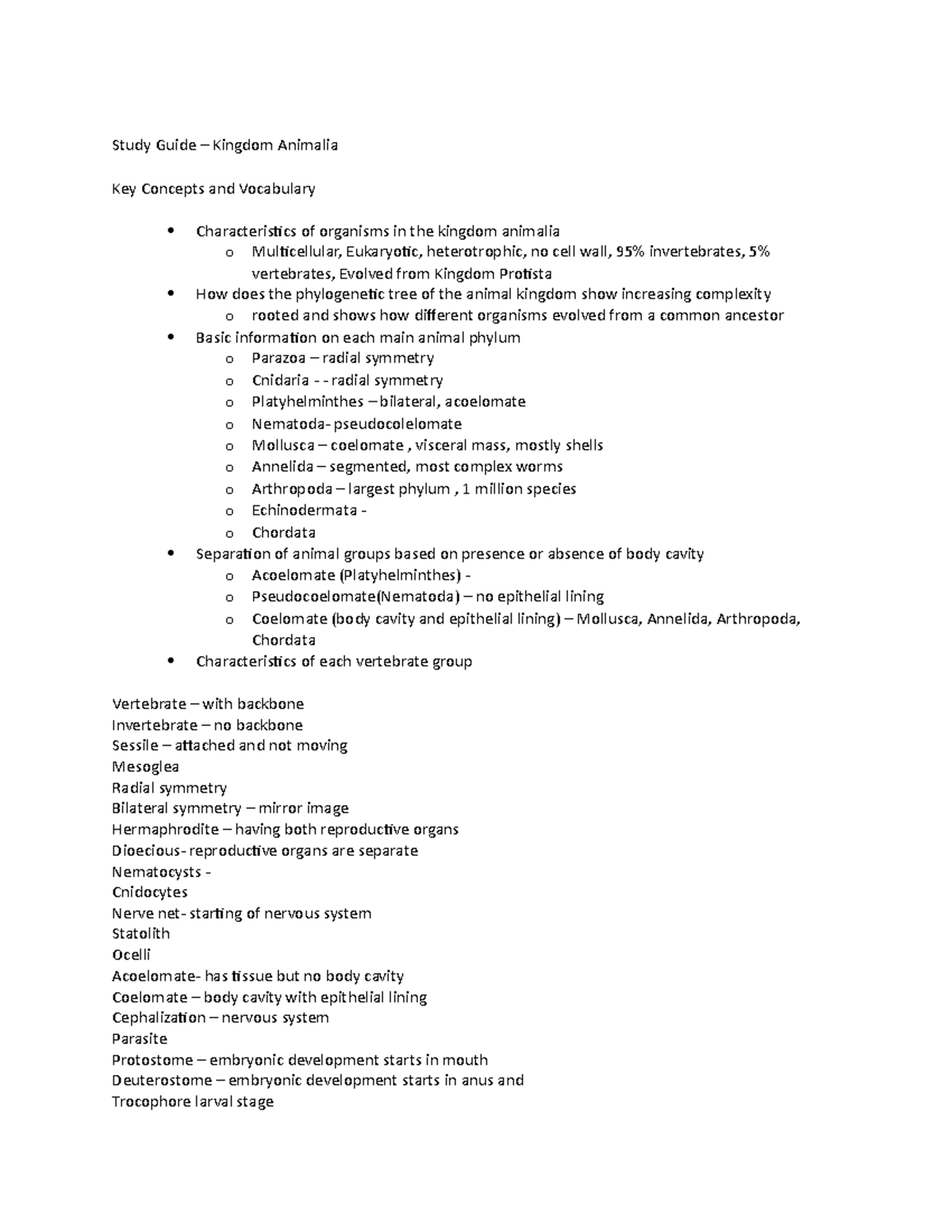 Animal Study Guide - Study Guide – Kingdom Animalia Key Concepts and ...