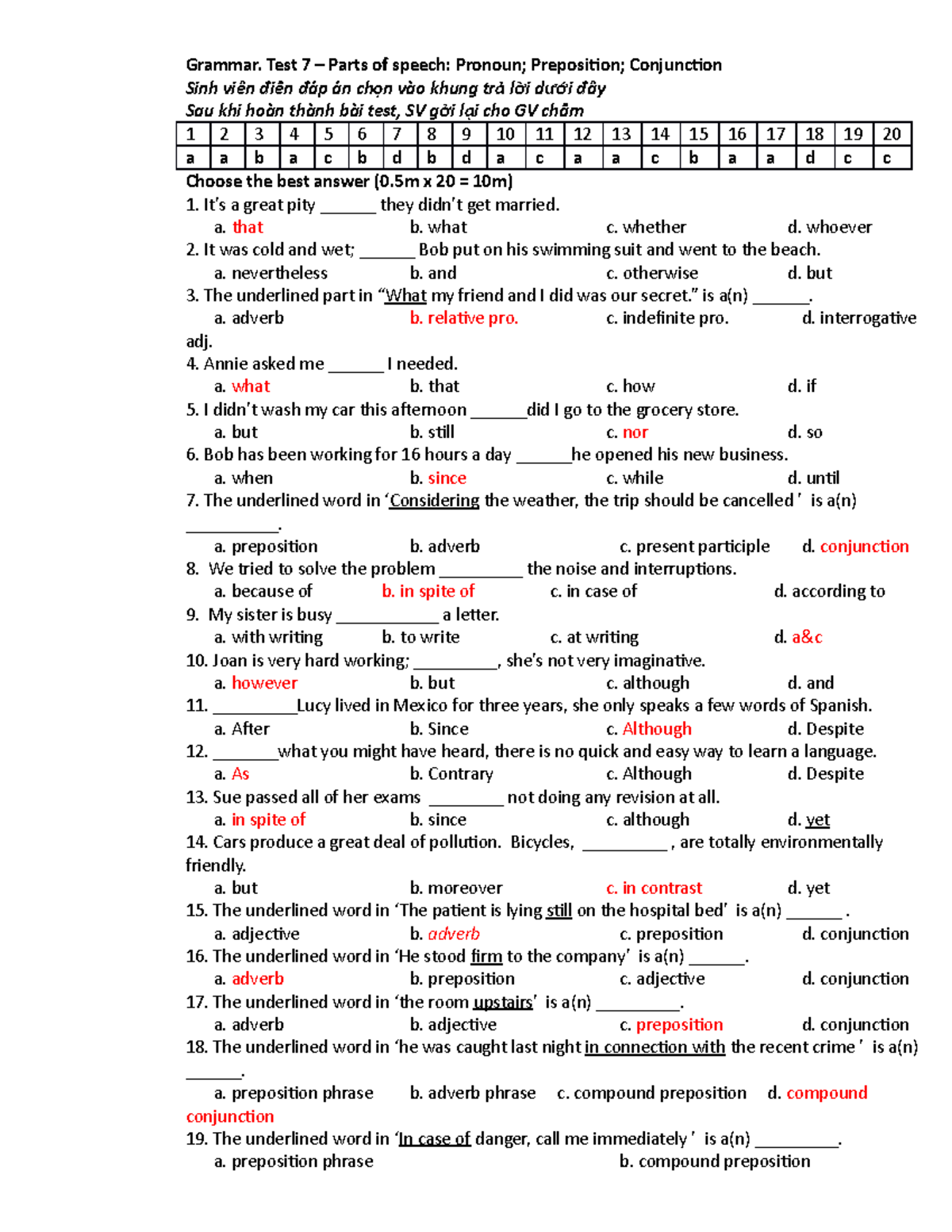 Grammar Test 7 - Grammar. Test 7 – Parts of speech: Pronoun ...
