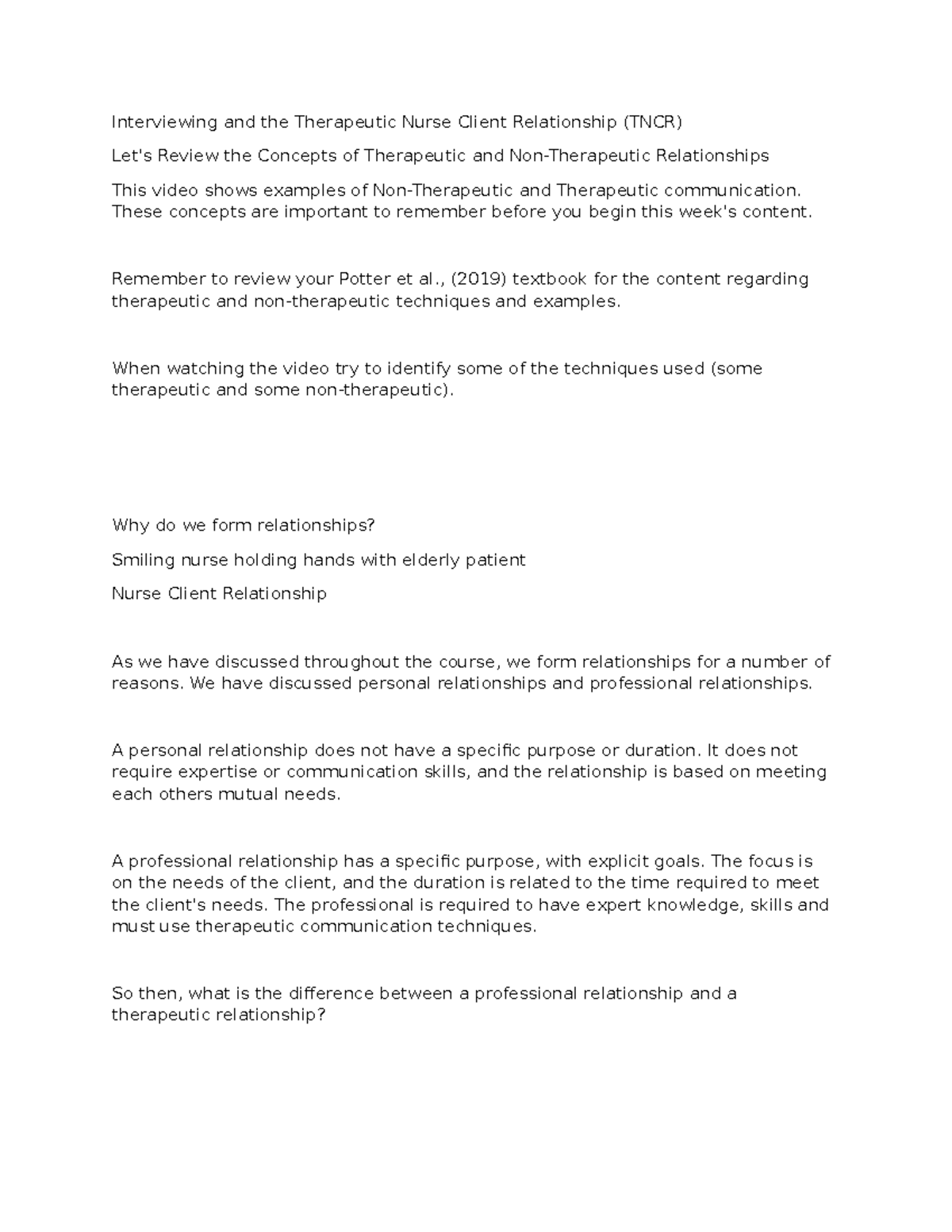 Interviewing and the Therapeutic Nurse Client Relationship - These ...