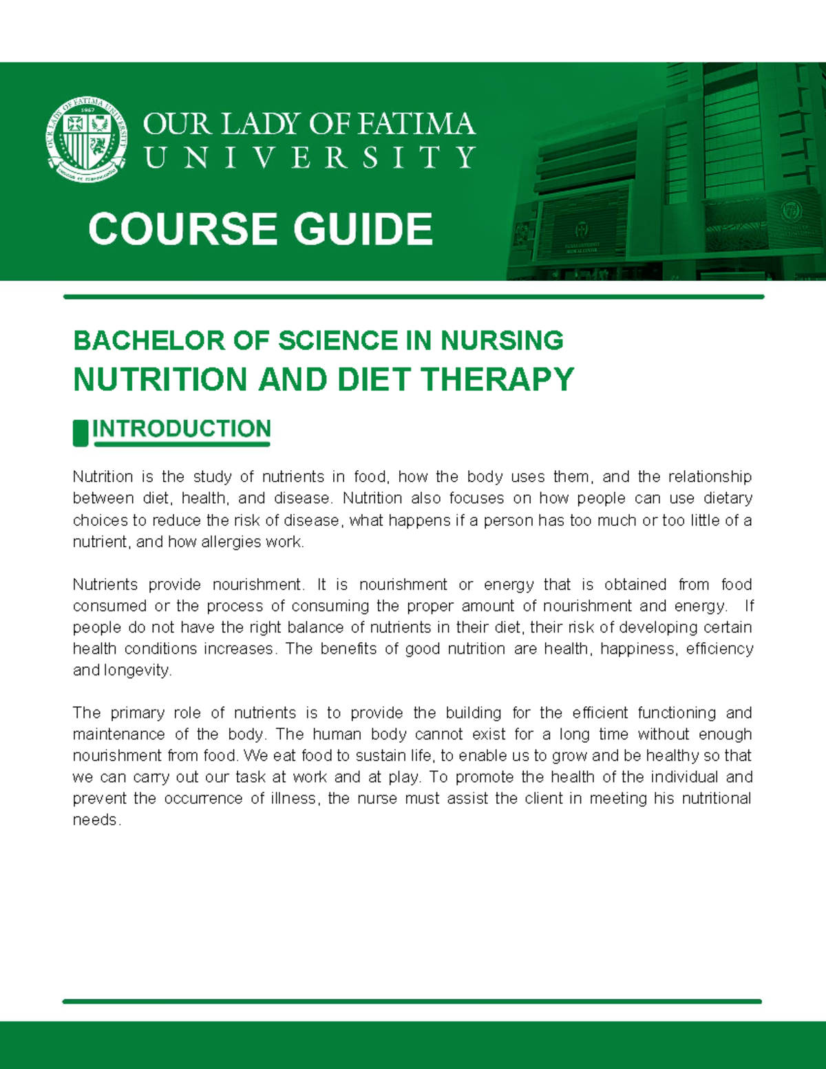 PDF - Course Guide Nutrition and Diet Therapy - BACHELOR OF SCIENCE IN NURSING NUTRITION AND ...