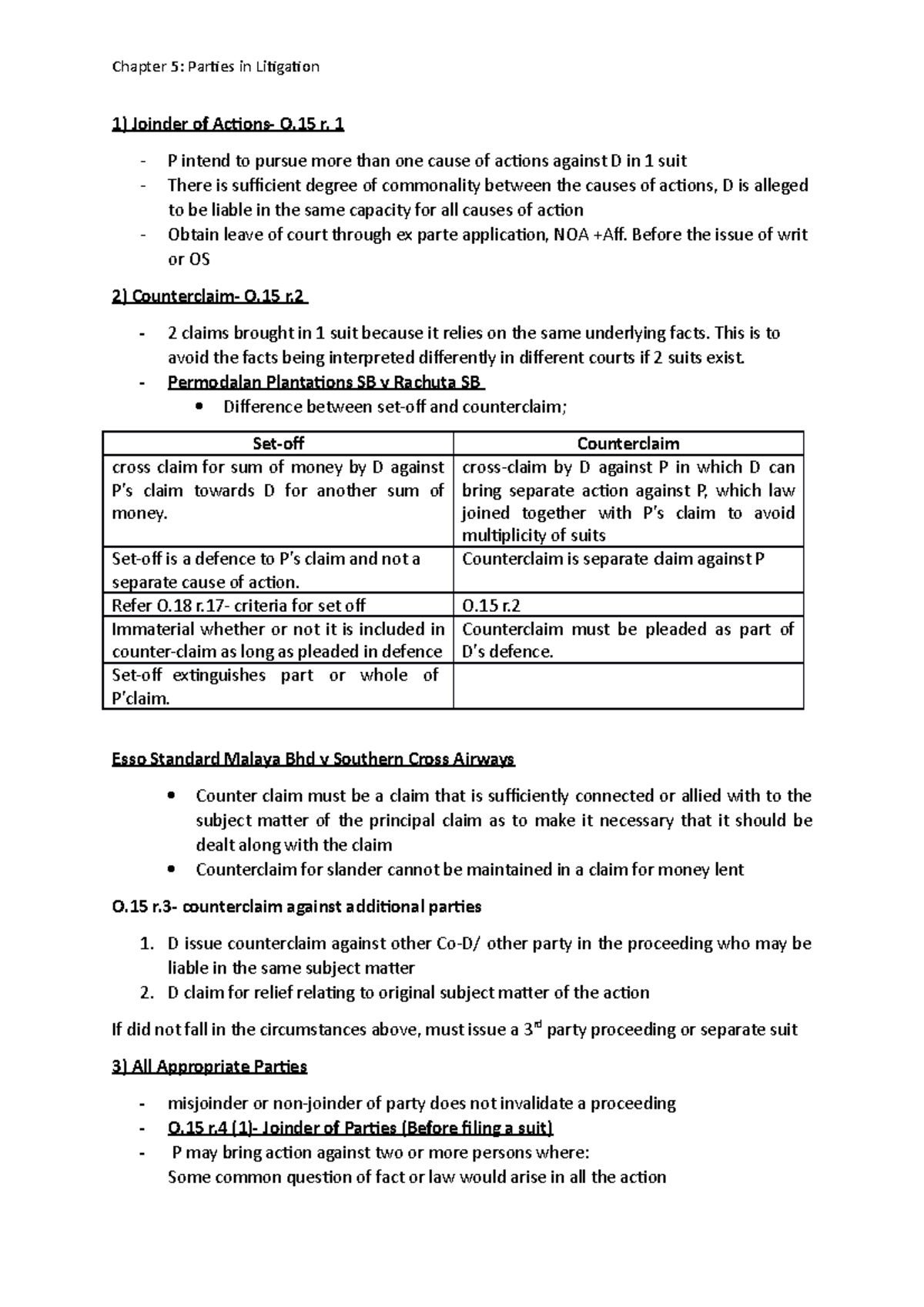 Chapter 5; Parties in litigation - Joinder of Actions- O r. 1 P intend ...
