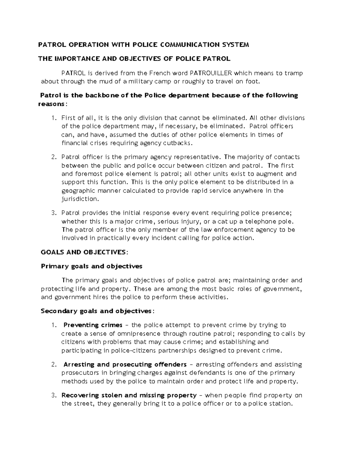 Police Patrol Operation - PATROL OPERATION WITH POLICE COMMUNICATION ...