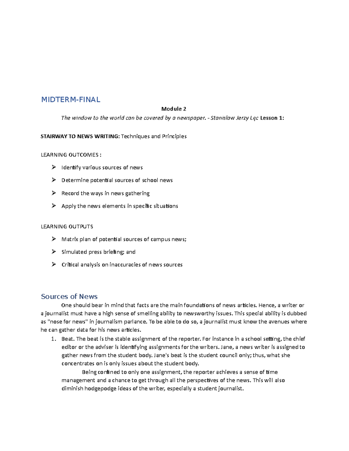 Journalism 1 - For educational purposes - MIDTERM-FINAL Module 2 The ...