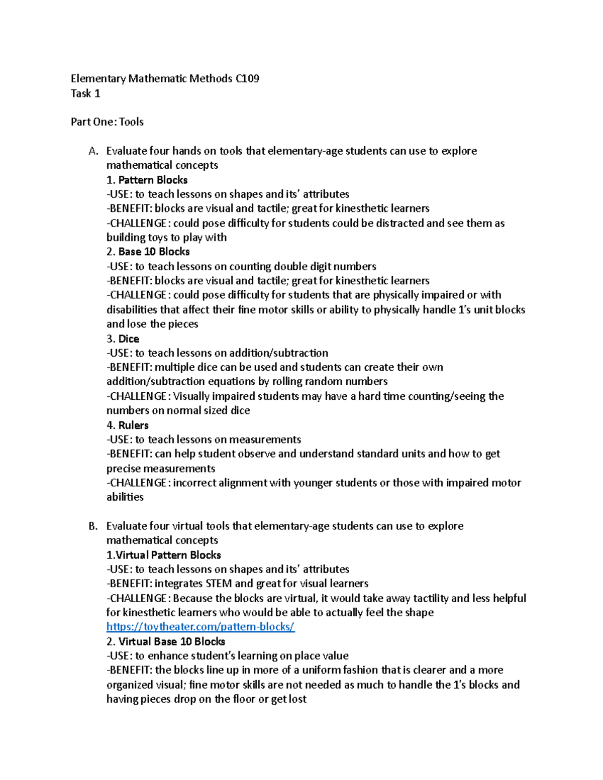 C109 task1 - passed - Elementary Mathematic Methods C Task 1 Part One: Tools A. Evaluate four ...