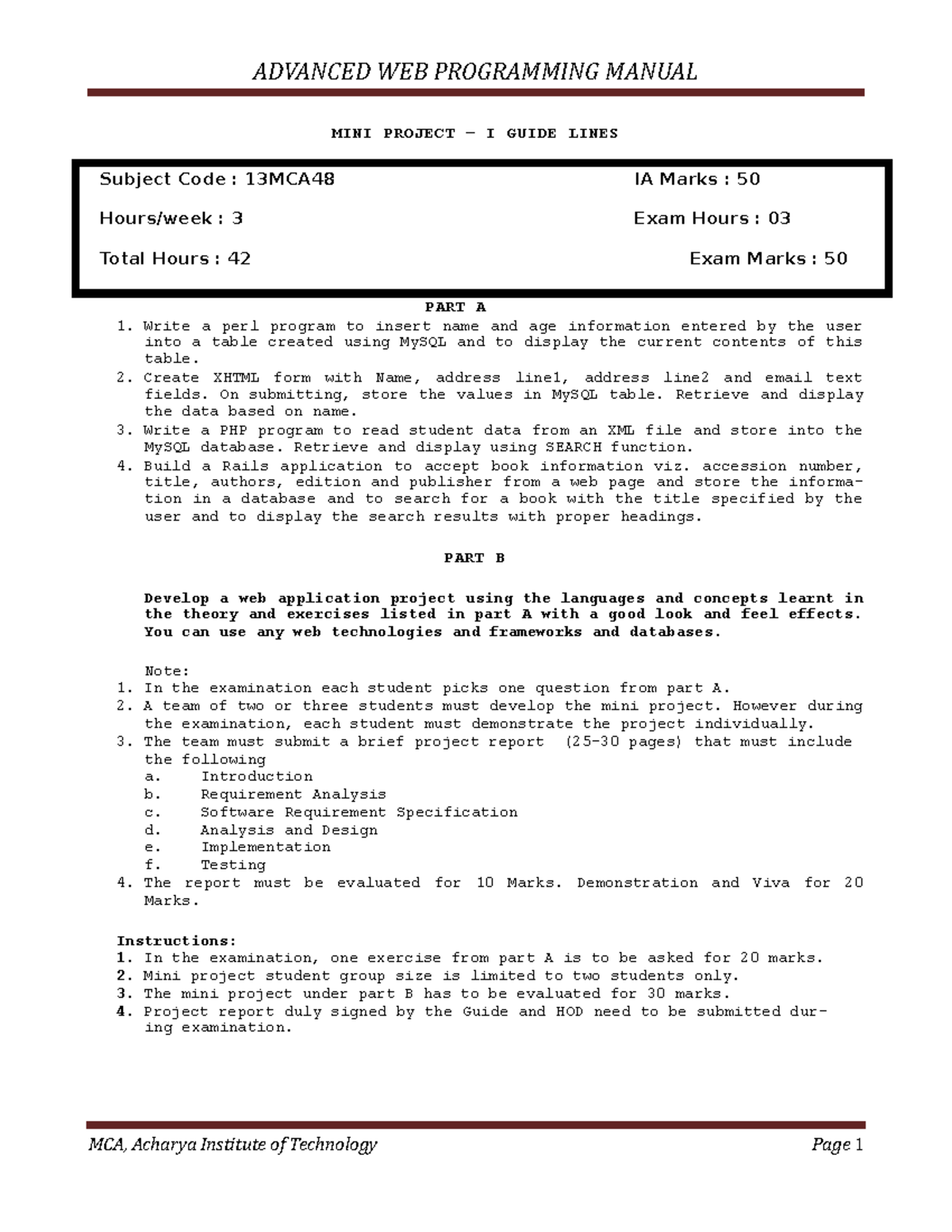 Advanced Web Lab Manual for record - MINI PROJECT – I GUIDE LINES Subject Code : 13MCA48 IA ...