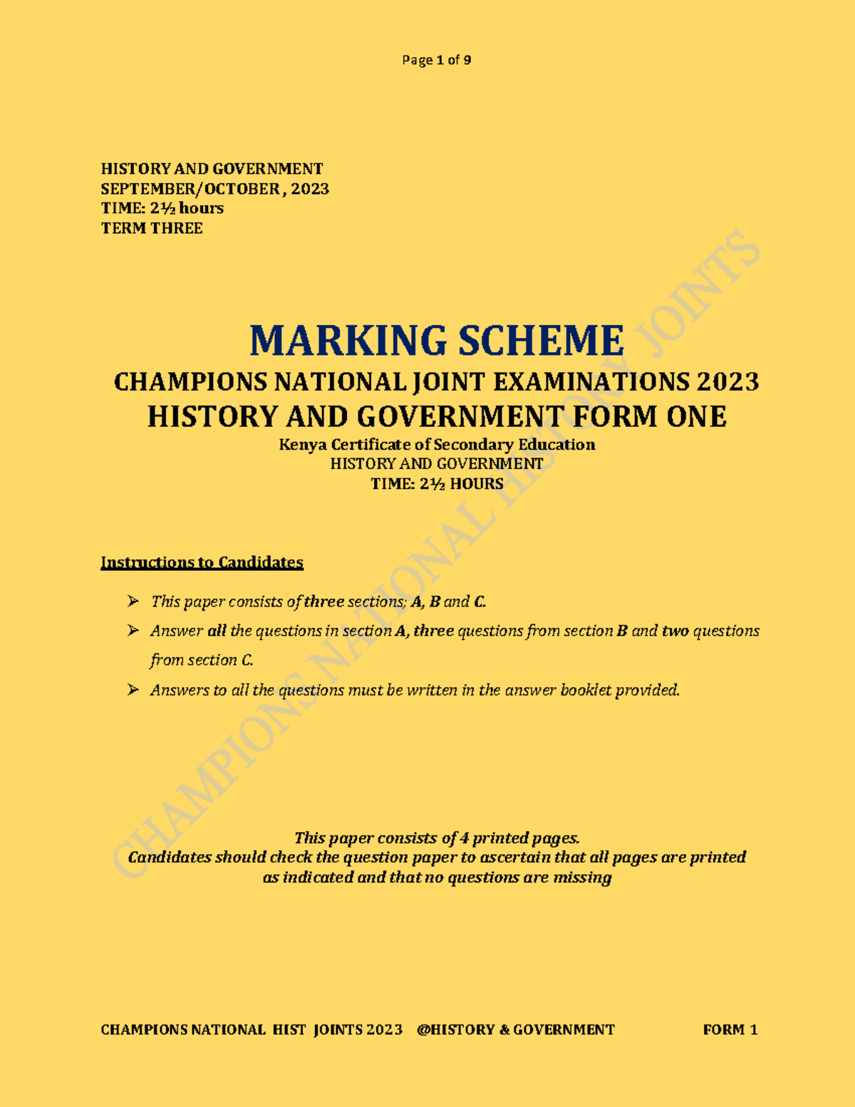 MS F1 Champions HIST Joint 2023 Final - HISTORY AND GOVERNMENT SEPTEMBER/OCTOBER , 2023 TIME: 2Ω ...