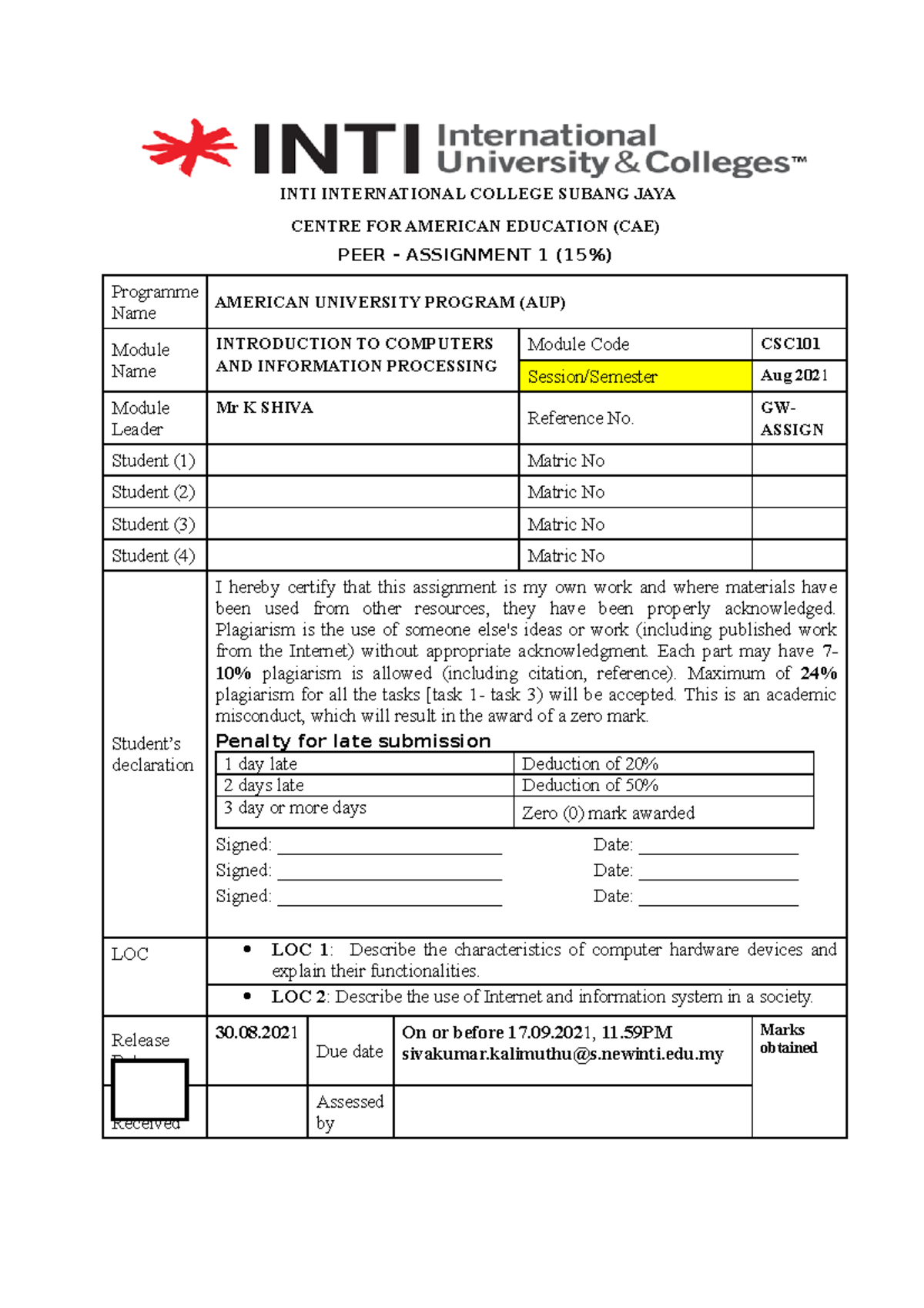CSC101 Peer Assignment 1 CSC101 Peer Assignment 1 - INTI INTERNATIONAL COLLEGE SUBANG JAYA ...