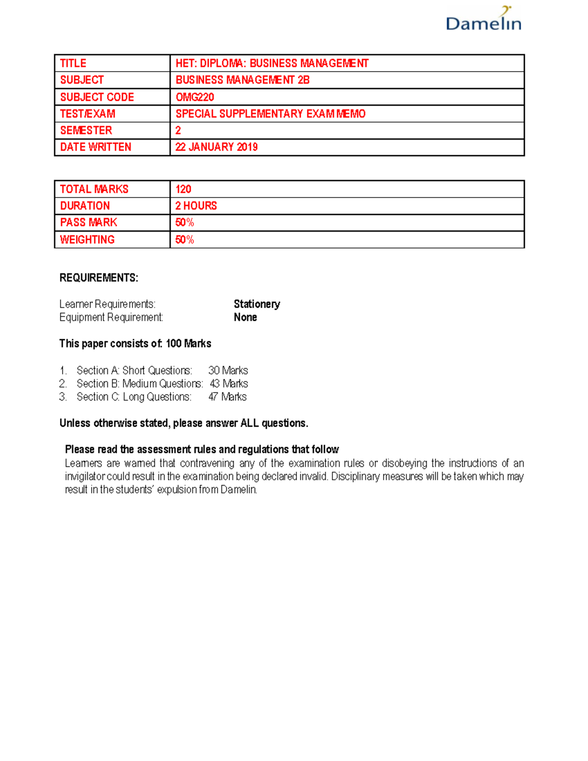 BM 2B Prev P - Past papers - TITLE HET: DIPLOMA: BUSINESS MANAGEMENT ...