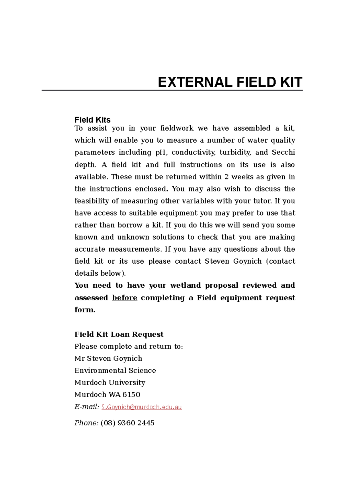 External Field Kit list for external students - EXTERNAL FIELD KIT ...