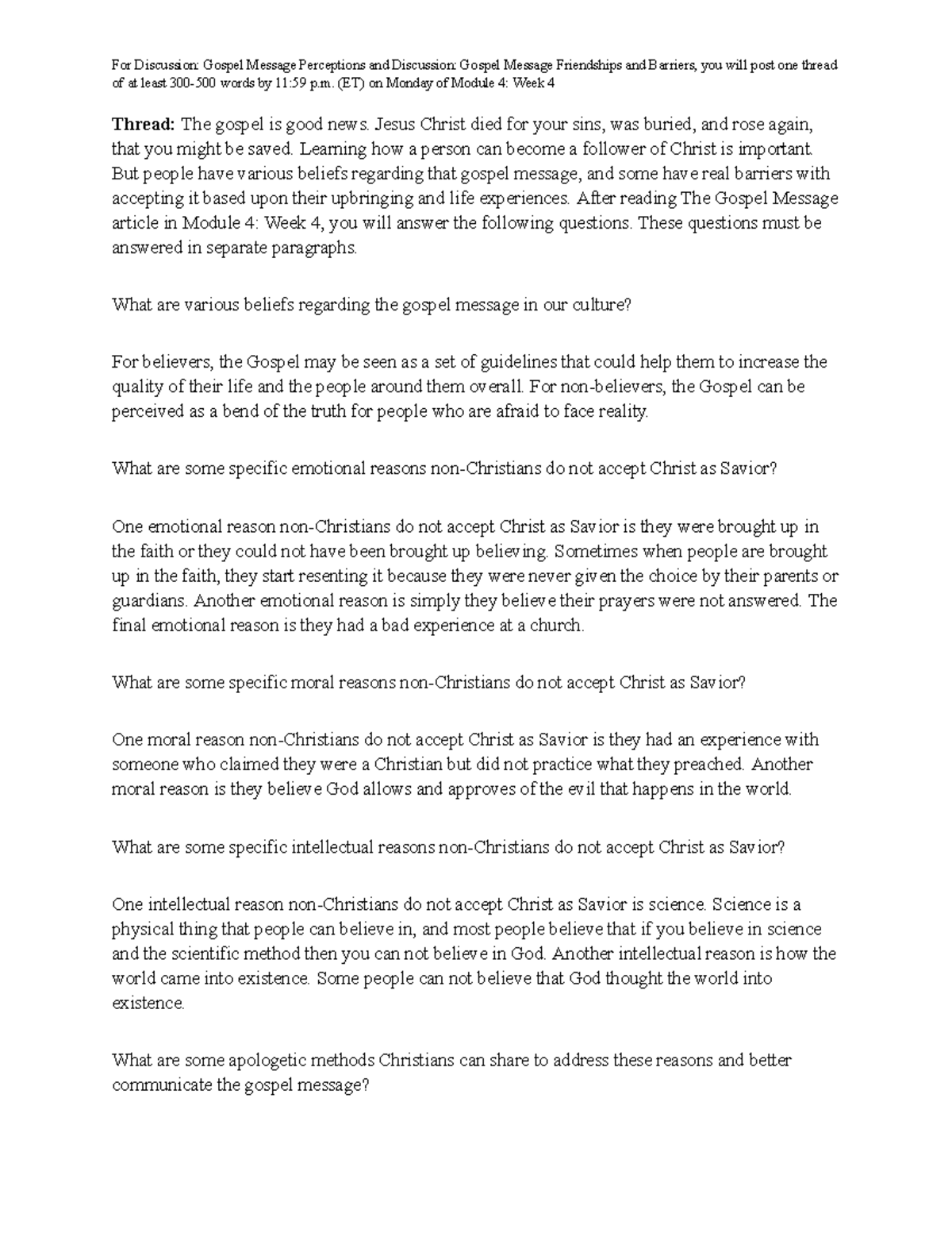 Gospel Message Discussion - RLGN 104 - For Discussion: Gospel Message ...