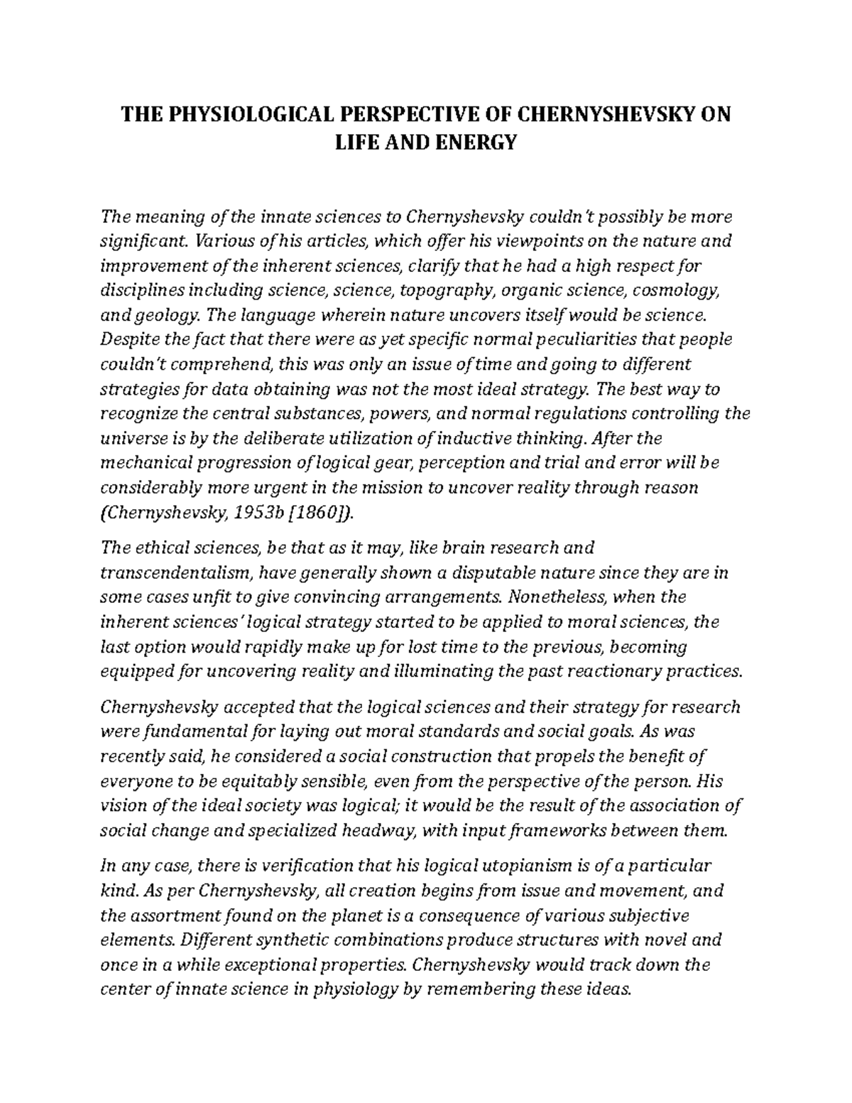 THE Physiological Perspective OF Chernyshevsky ON LIFE AND Energy - THE ...