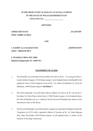 Exercise 12 - Defence AND Counterclaim - IN THE SESSIONS COURT AT ALOR ...