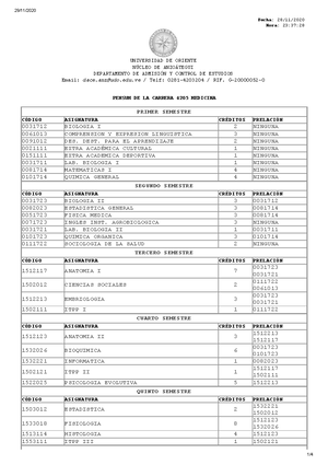 Pensum Medicina - UDO - 2024 - UNIVERSIDAD DE ORIENTE - NUCLEO DE ...