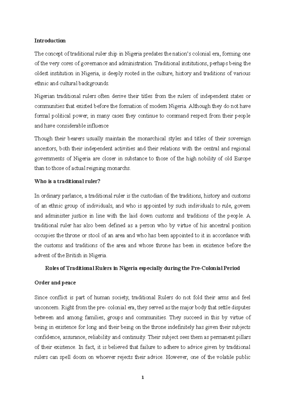 PADM 317 - ASSIGNMENT - Introduction The concept of traditional ruler ...