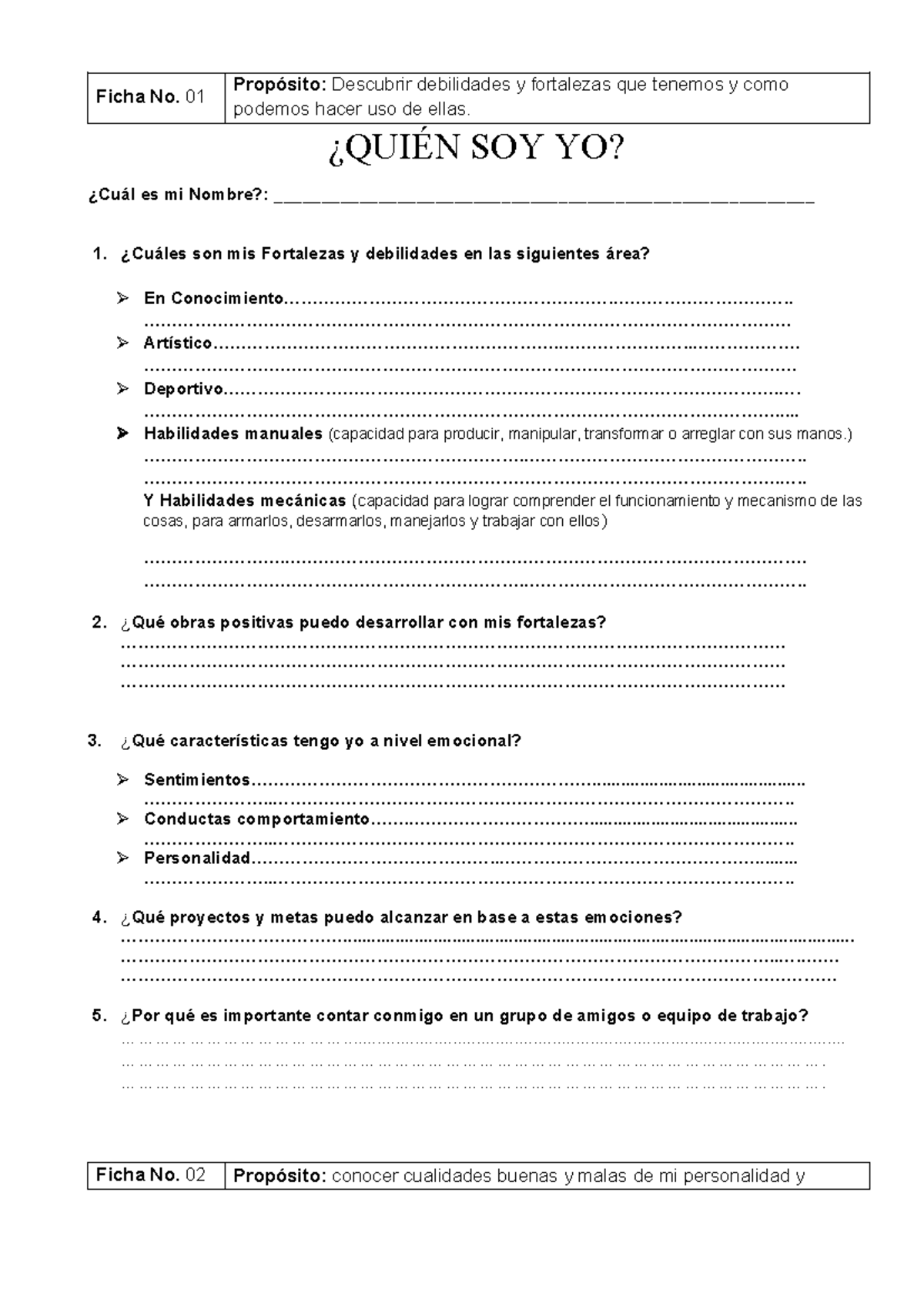 Fichas Quien soy yo - Ficha No. 01 Propósito: Descubrir debilidades y ...