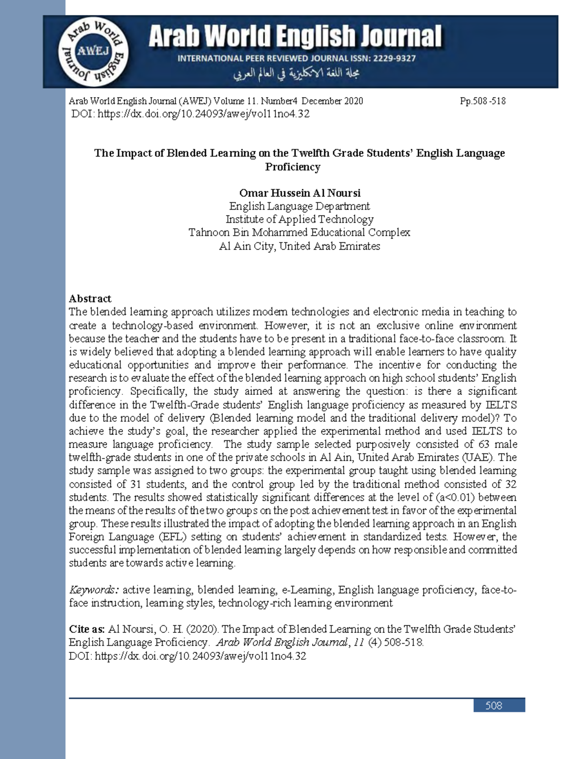 Effect of Blended Learning - 508 Arab World English Journal (AWEJ ...