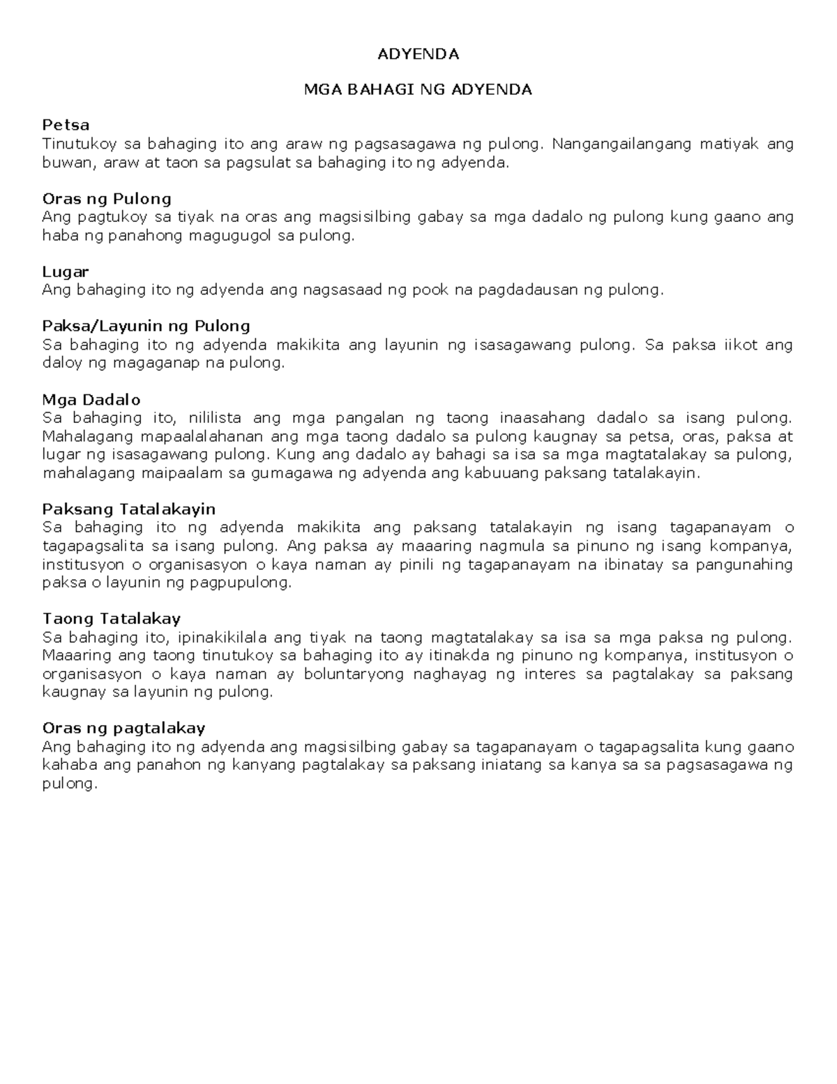 Adyenda AT Katitikan NG Pulong ADD - ADYENDA MGA BAHAGI NG ADYENDA ...