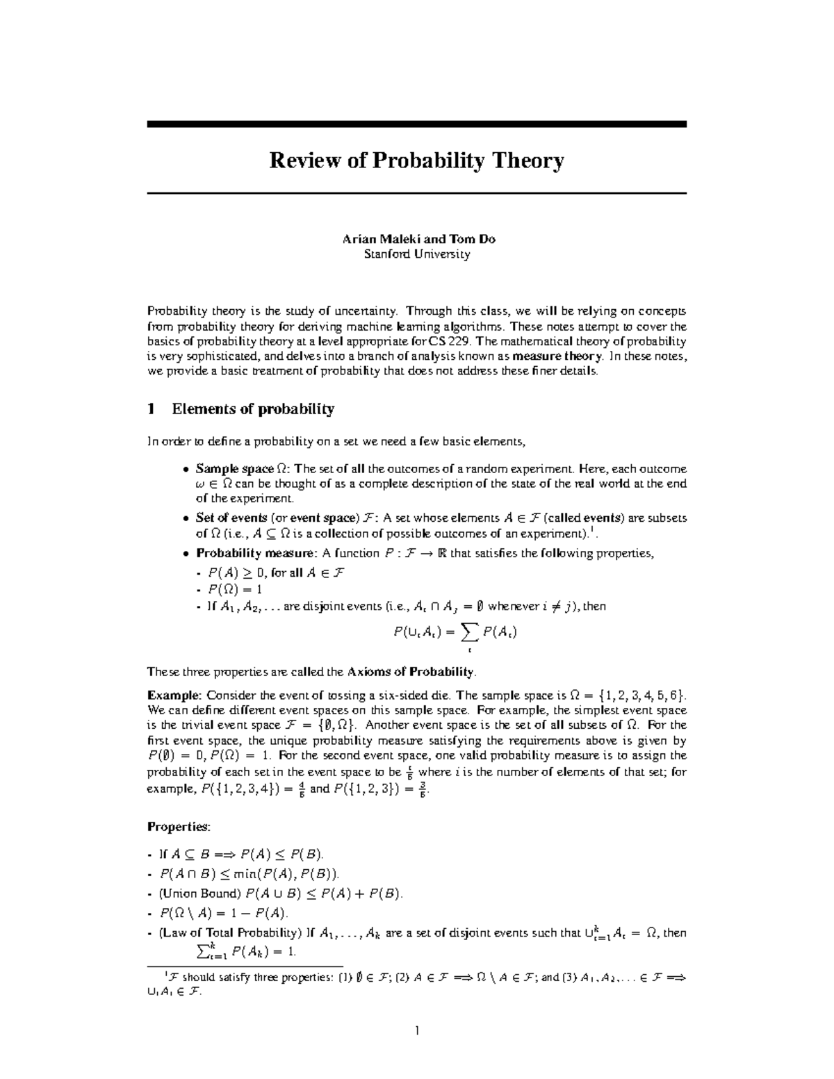 probability basics - Review of Probability Theory Arian Maleki and Tom ...