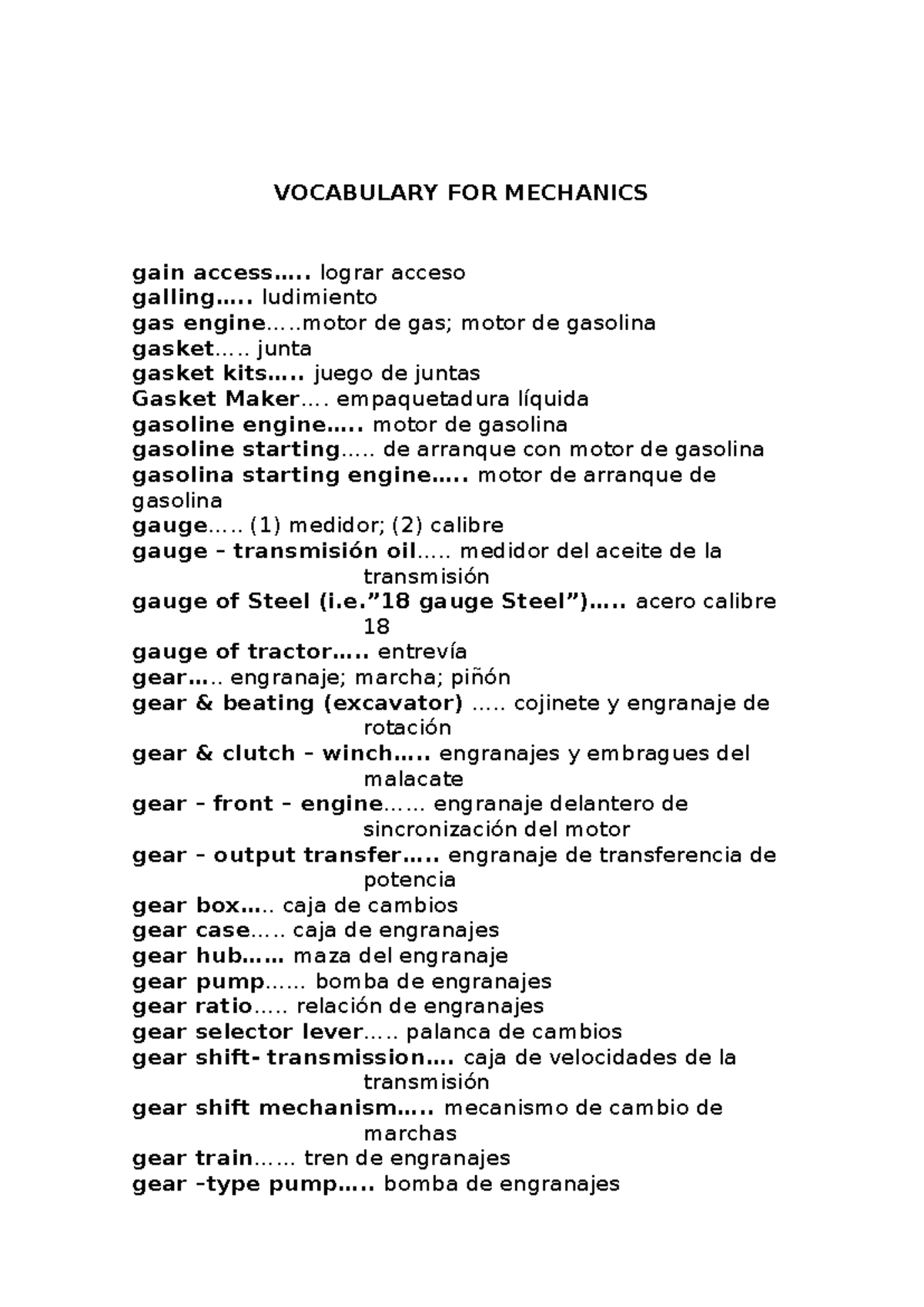 Vocabulario Módulo 7 G, H, I - VOCABULARY FOR MECHANICS gain access ...