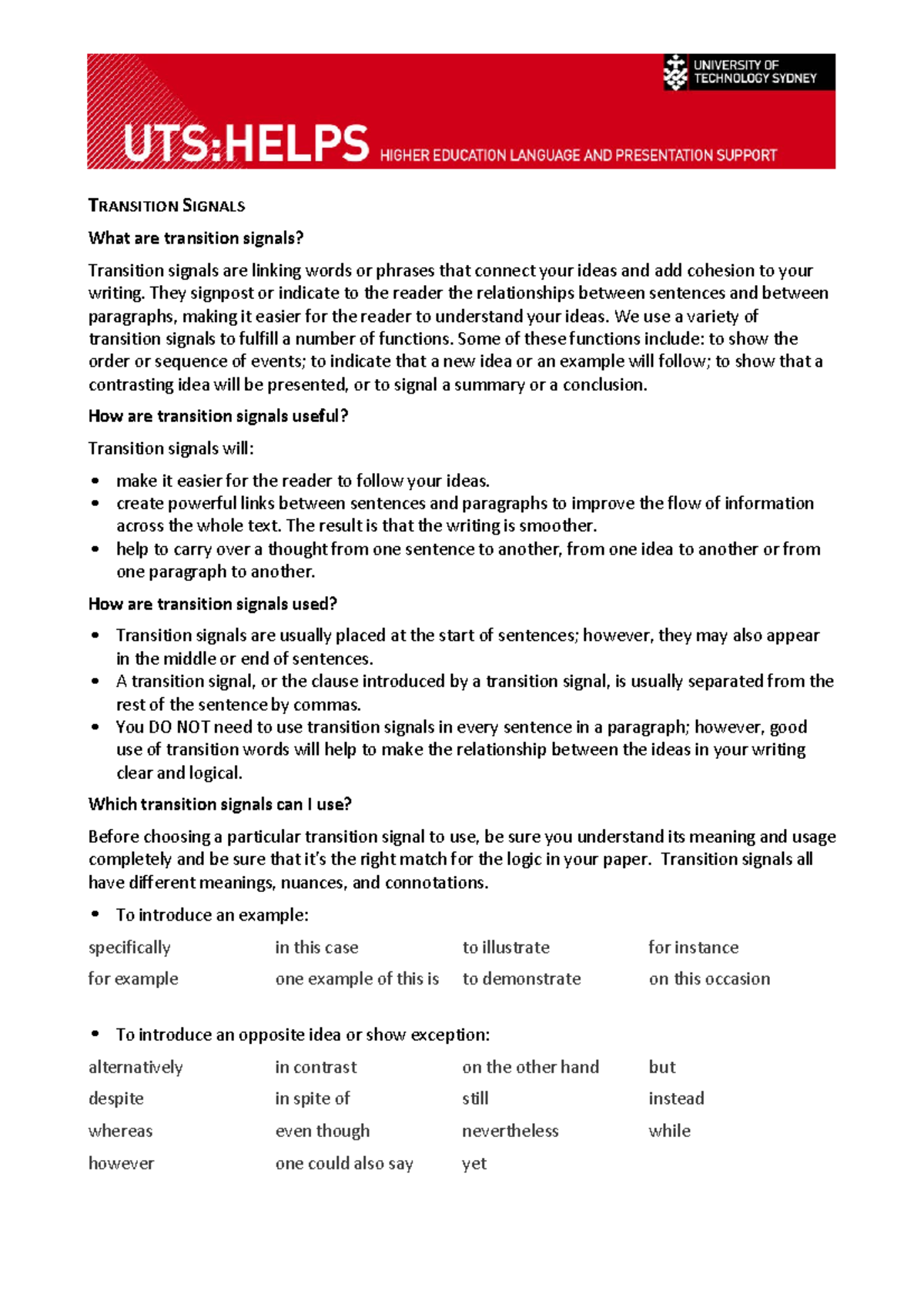 Transition Signals Factsheet - English - Studocu