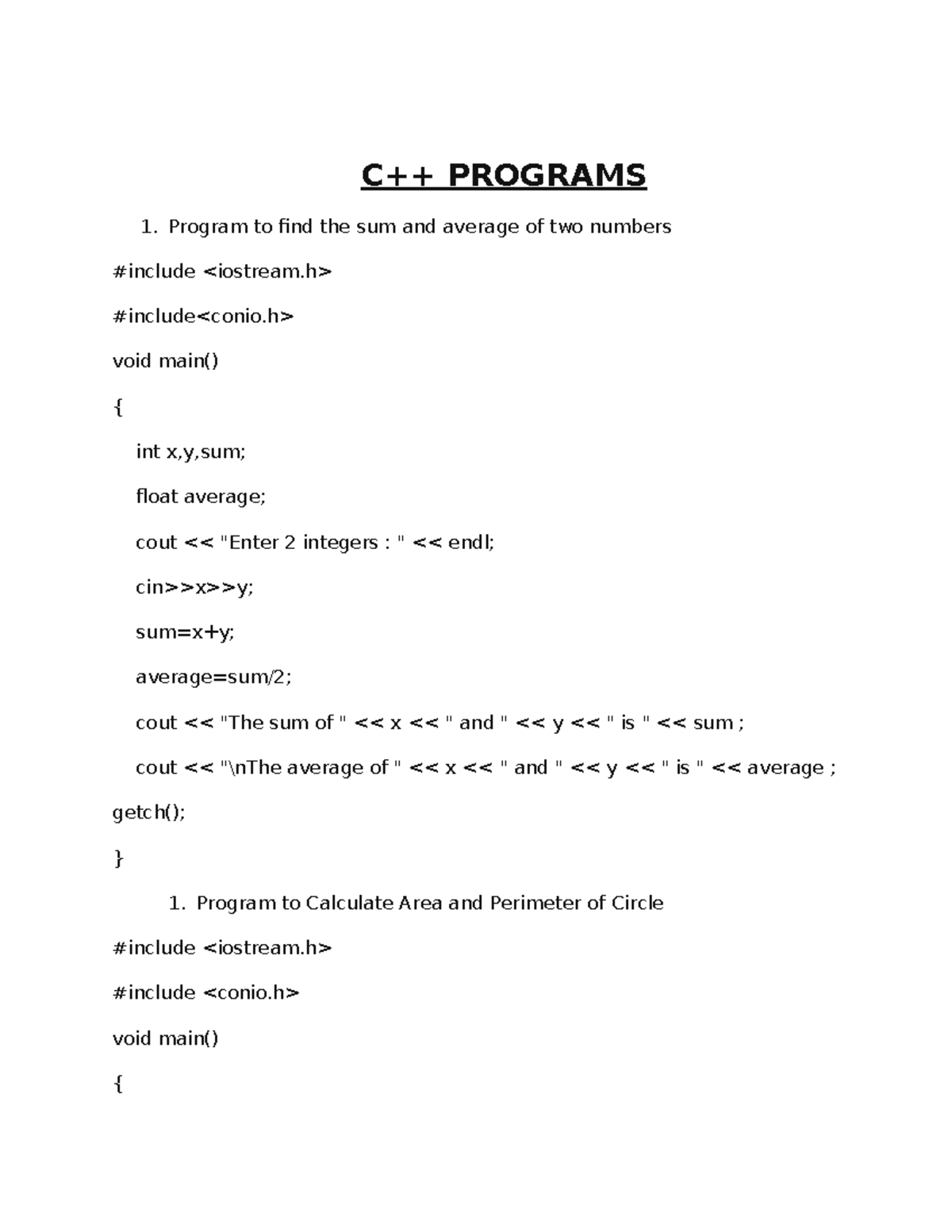 C++ programs - C++ PROGRAMS Program to find the sum and average of two numbers #include - Studocu
