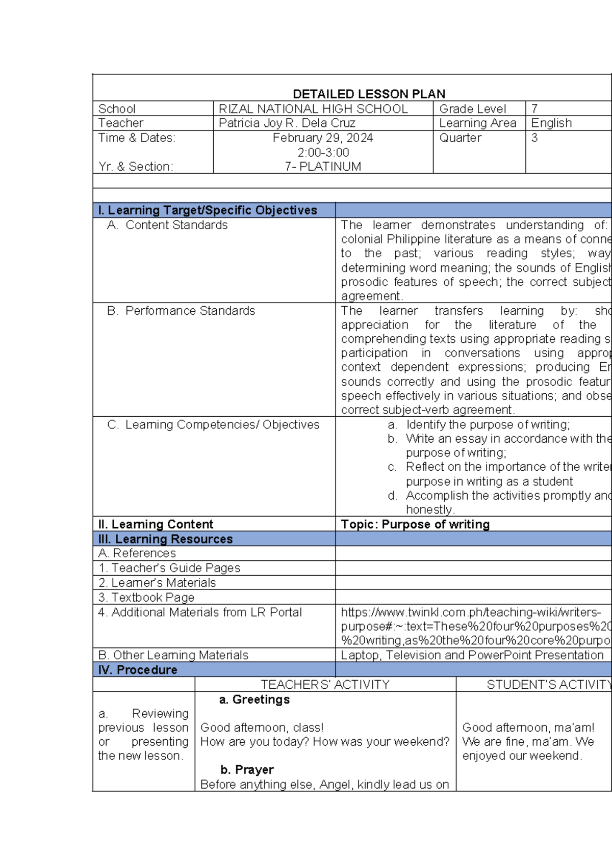 DLP- Purpose OF Writing - DETAILED LESSON PLAN School RIZAL NATIONAL ...