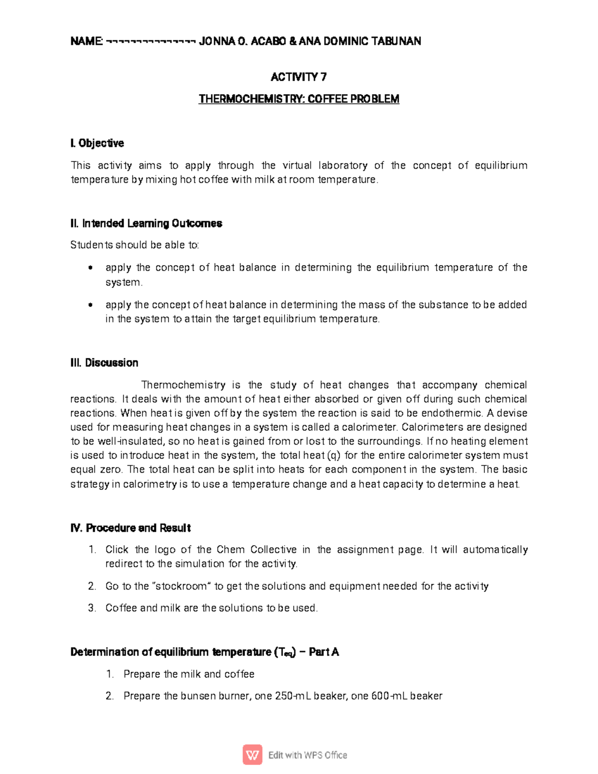 CHEM-001C Thermochemistry Coffee Problem - A C T I V I T Y 7 T H E R M ...