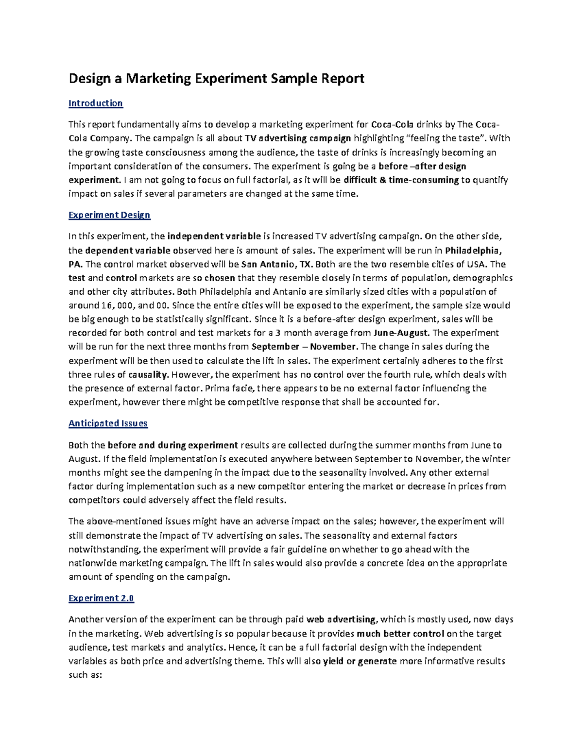 Design a Marketing Experiment Sample Report - Design a Marketing ...