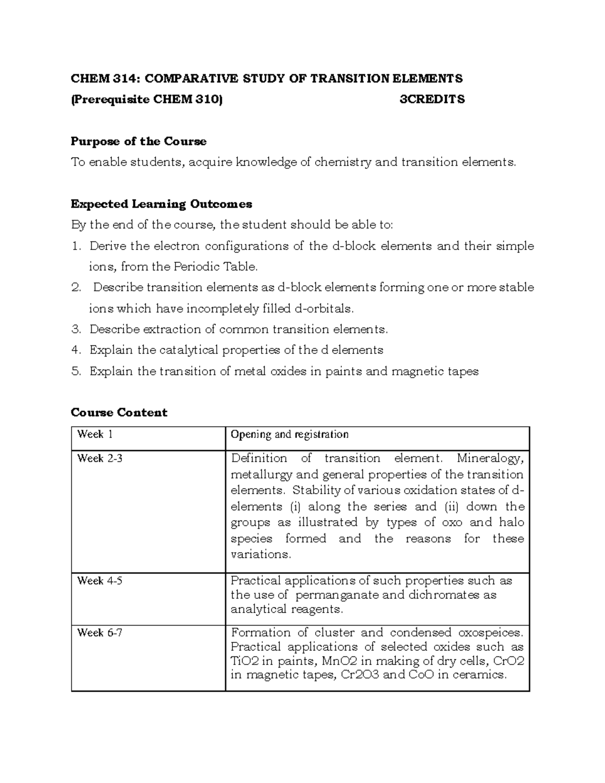 CHEM 314 course outline - CHEM 314: COMPARATIVE STUDY OF TRANSITION ...