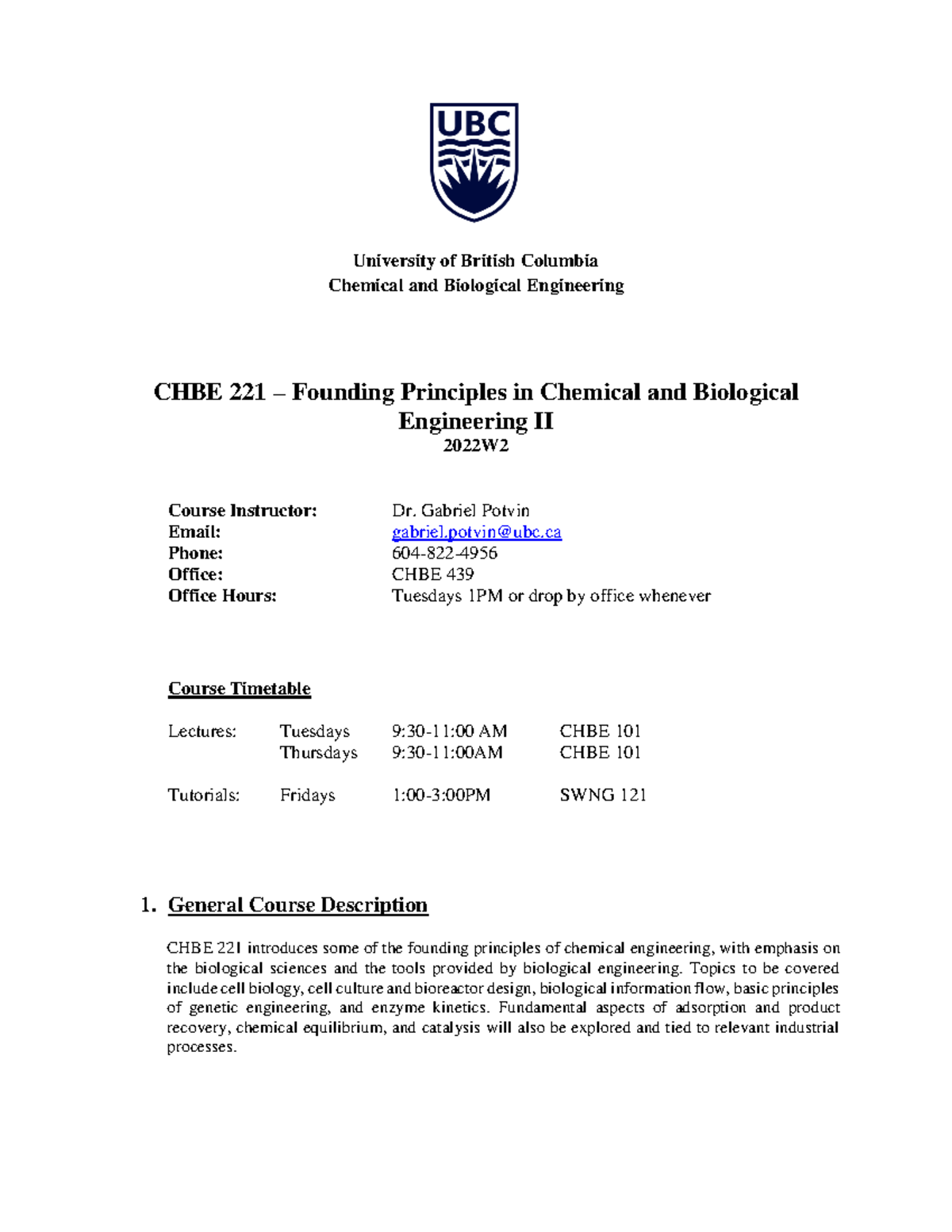 CHBE 221 Course Outline - University of British Columbia Chemical and ...